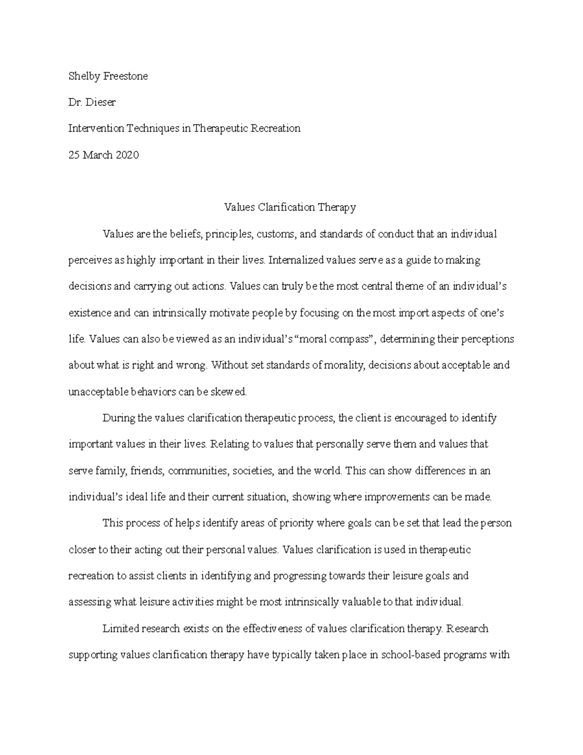 Values Clarification - Therapy type summary - Shelby Freestone Dr ...