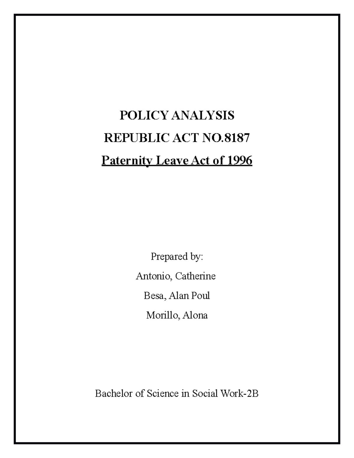 Policy Analysis (Family) (R.A 8187) - POLICY ANALYSIS REPUBLIC ACT NO ...