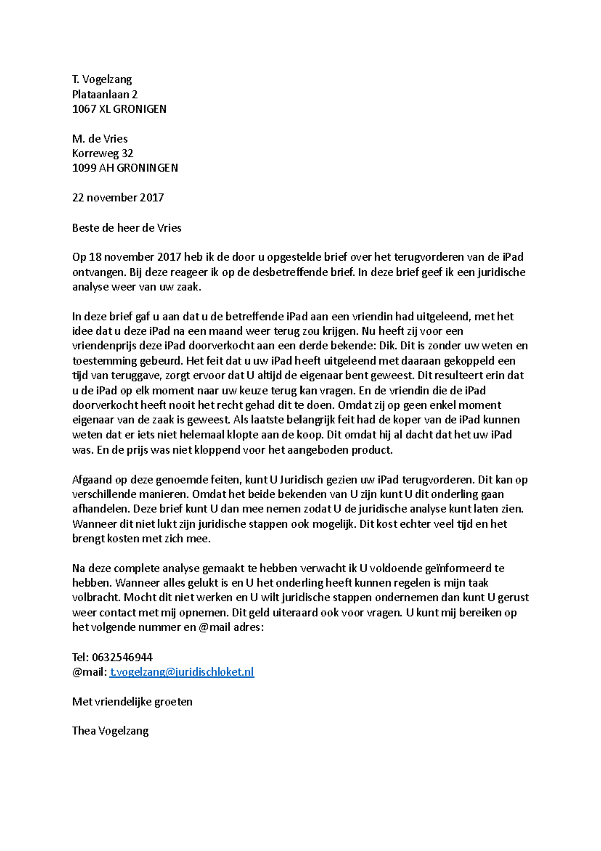 Informatieve brief kans 1 - T. Vogelzang Plataanlaan 2 1067 XL GRONIGEN ...