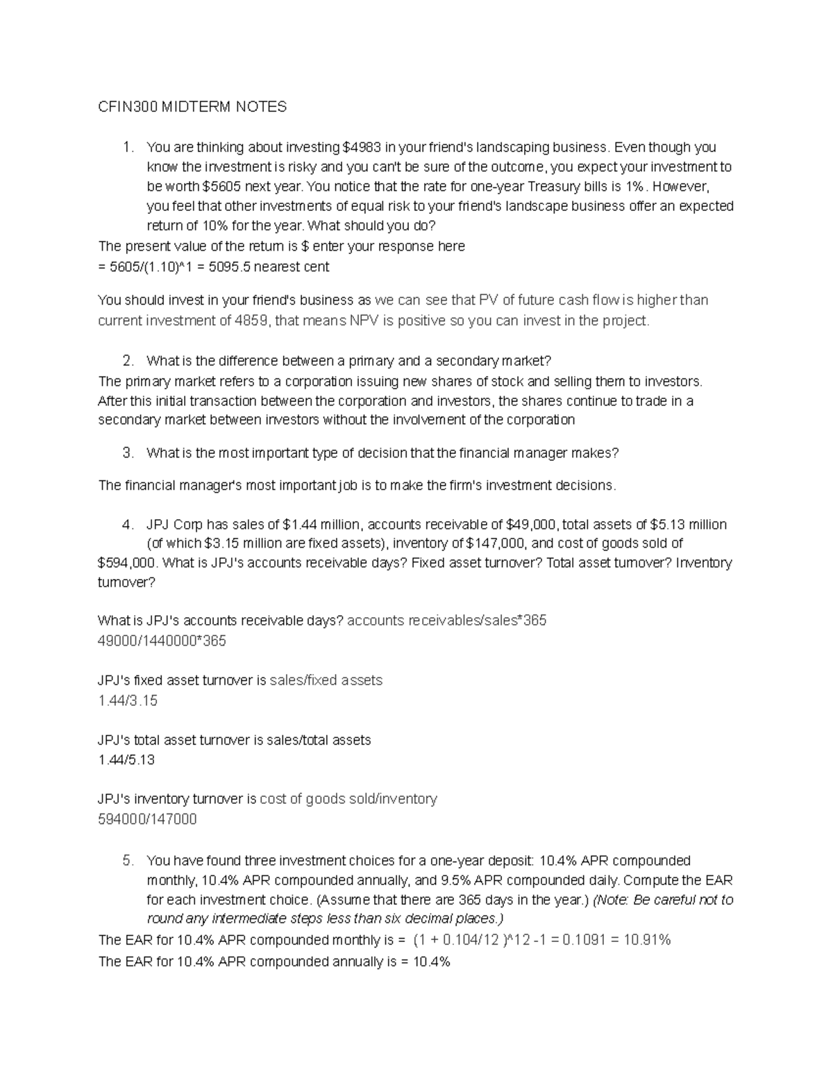 CFIN300 Midterm Notes MYLAB questions - fin 300 - Toronto Met - Studocu