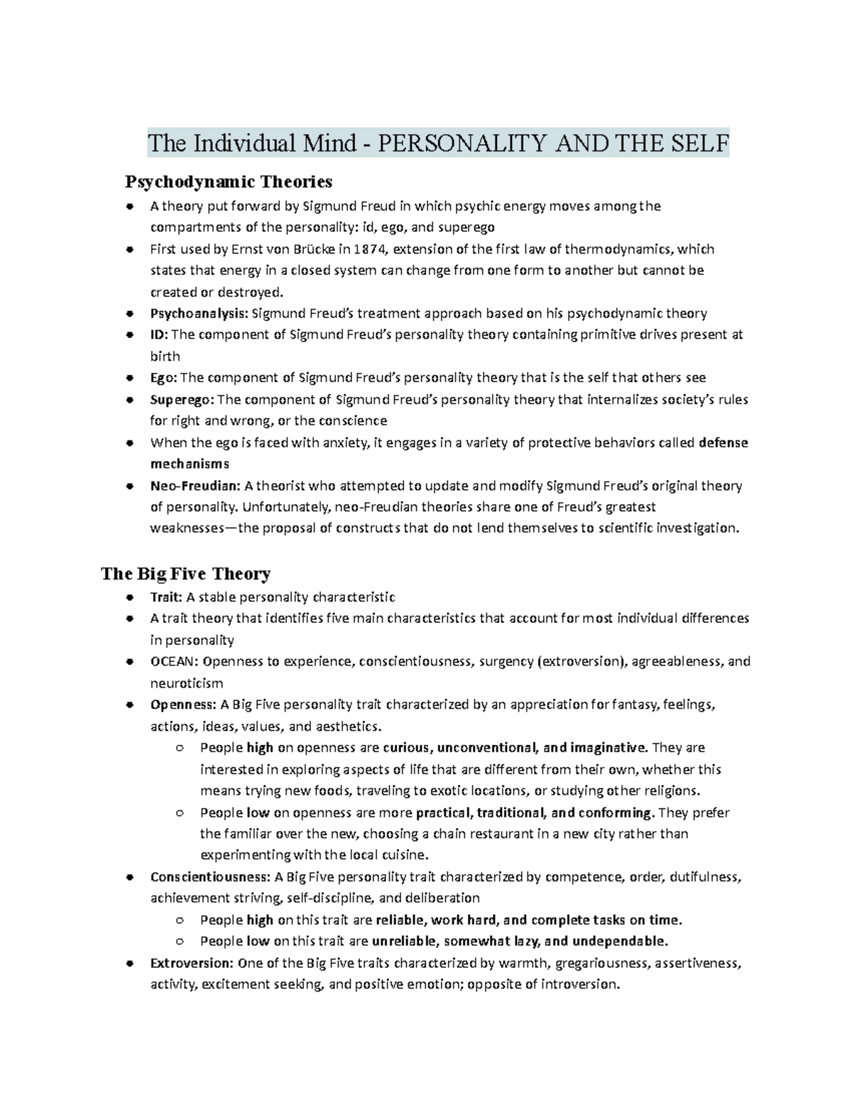PL1101E Notes - The Individual Mind - PERSONALITY AND THE SELF ...