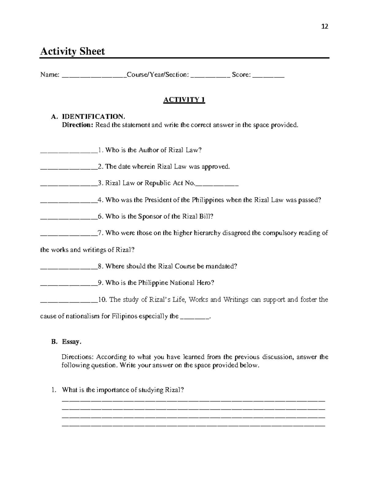 090723 Activity 1 THE LIFE AND Works OF Rizal - 12 Activity Sheet Name: - Studocu