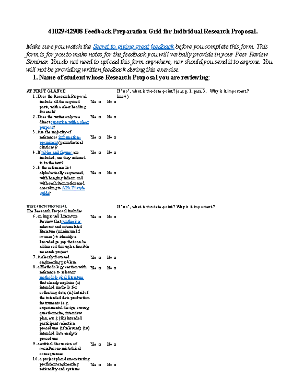 Peer Review Preparation Grid for Research Proposal - 41029/42908 Feedback Preparation Grid for ...