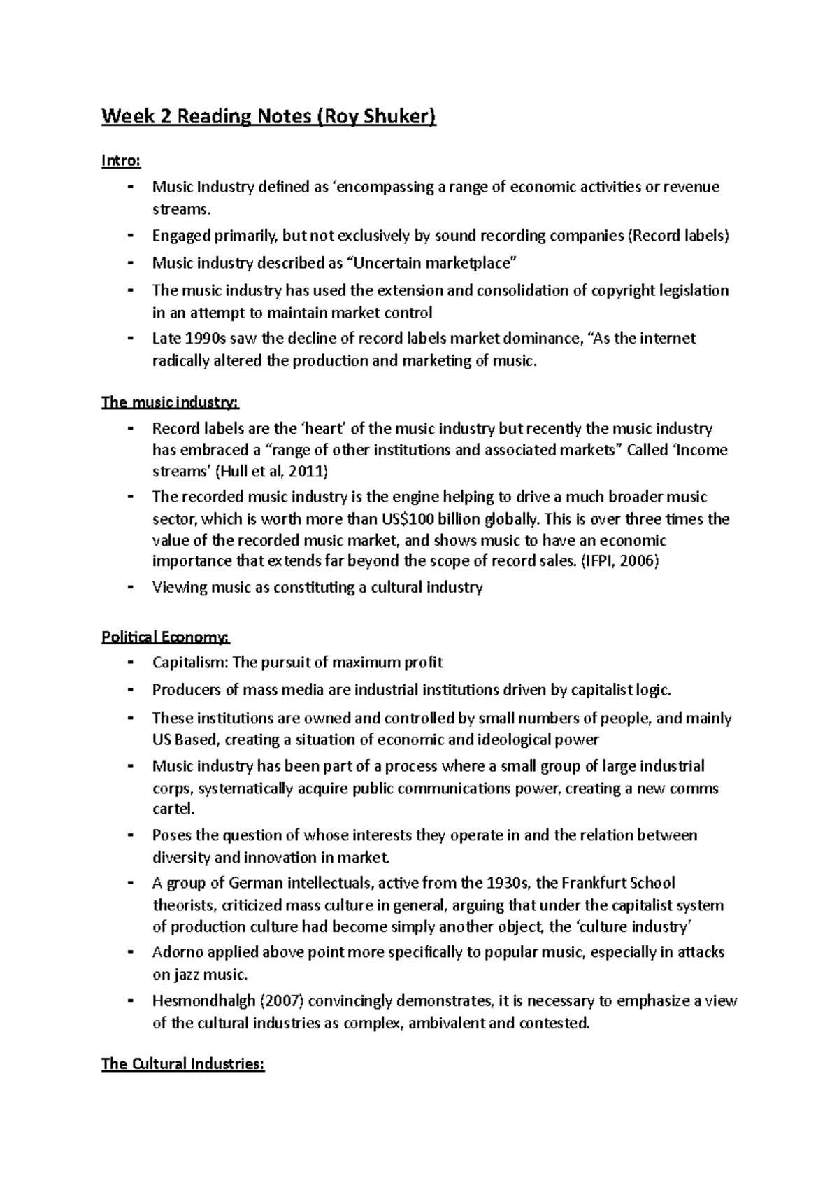 Week 2 Reading Notes - Week 2 Reading Notes (Roy Shuker) Intro: - Music ...