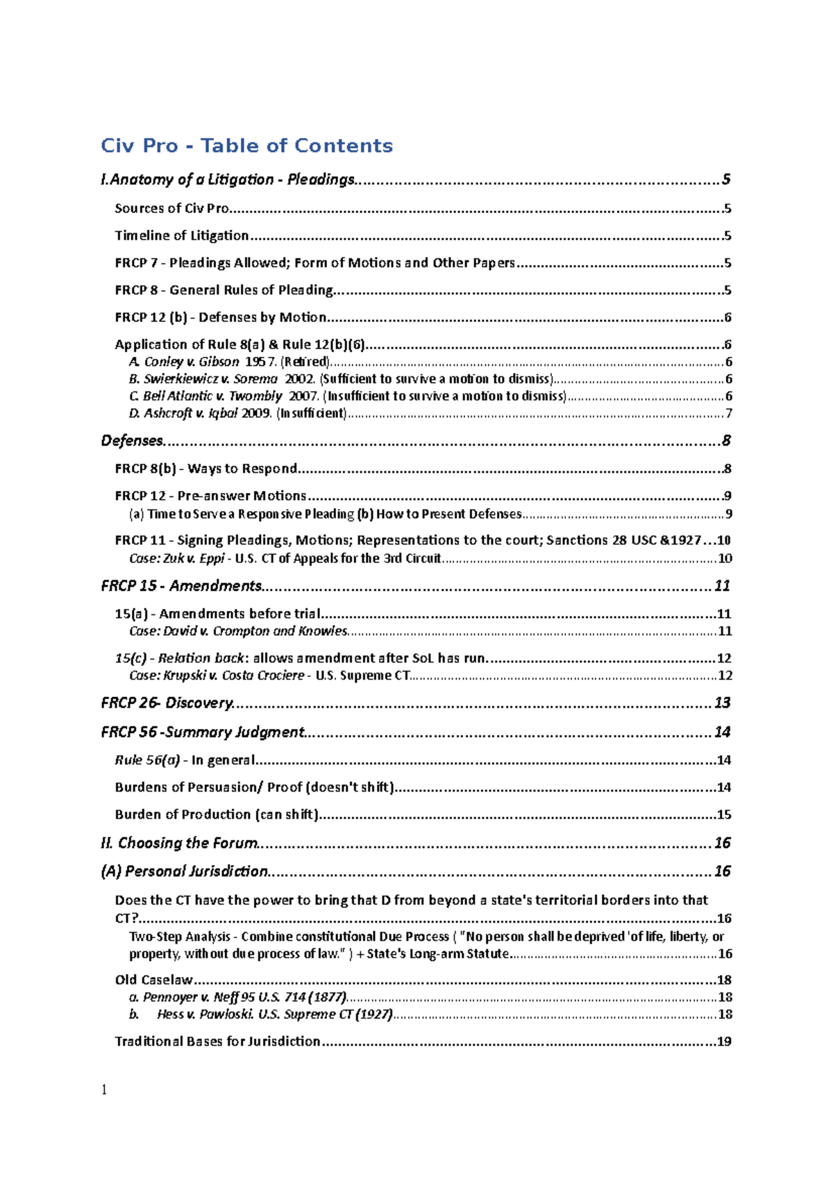 CIV PRO outline - Civ Pro - Table of Contents I of a Litigation - - Studocu