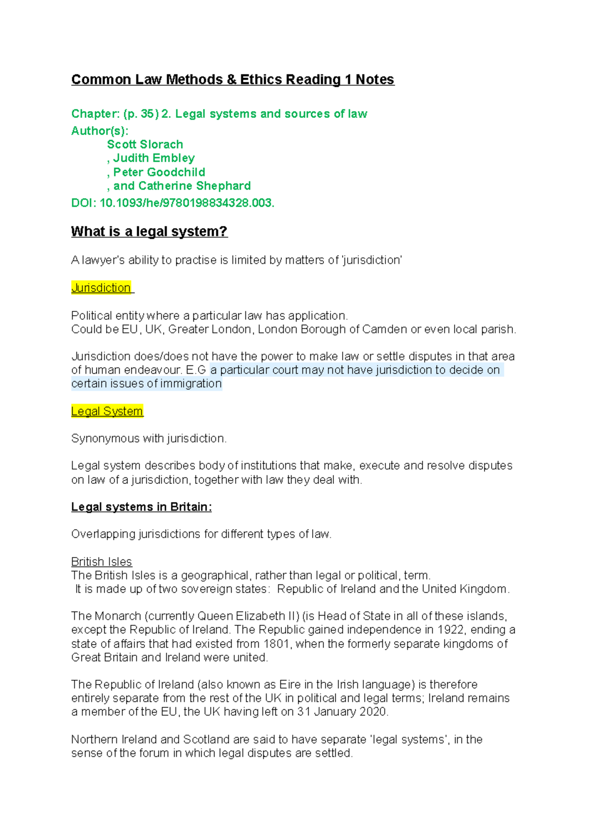 Reading 1 - Common Law Methods & Ethics Reading 1 Notes Chapter: (p. 35 ...