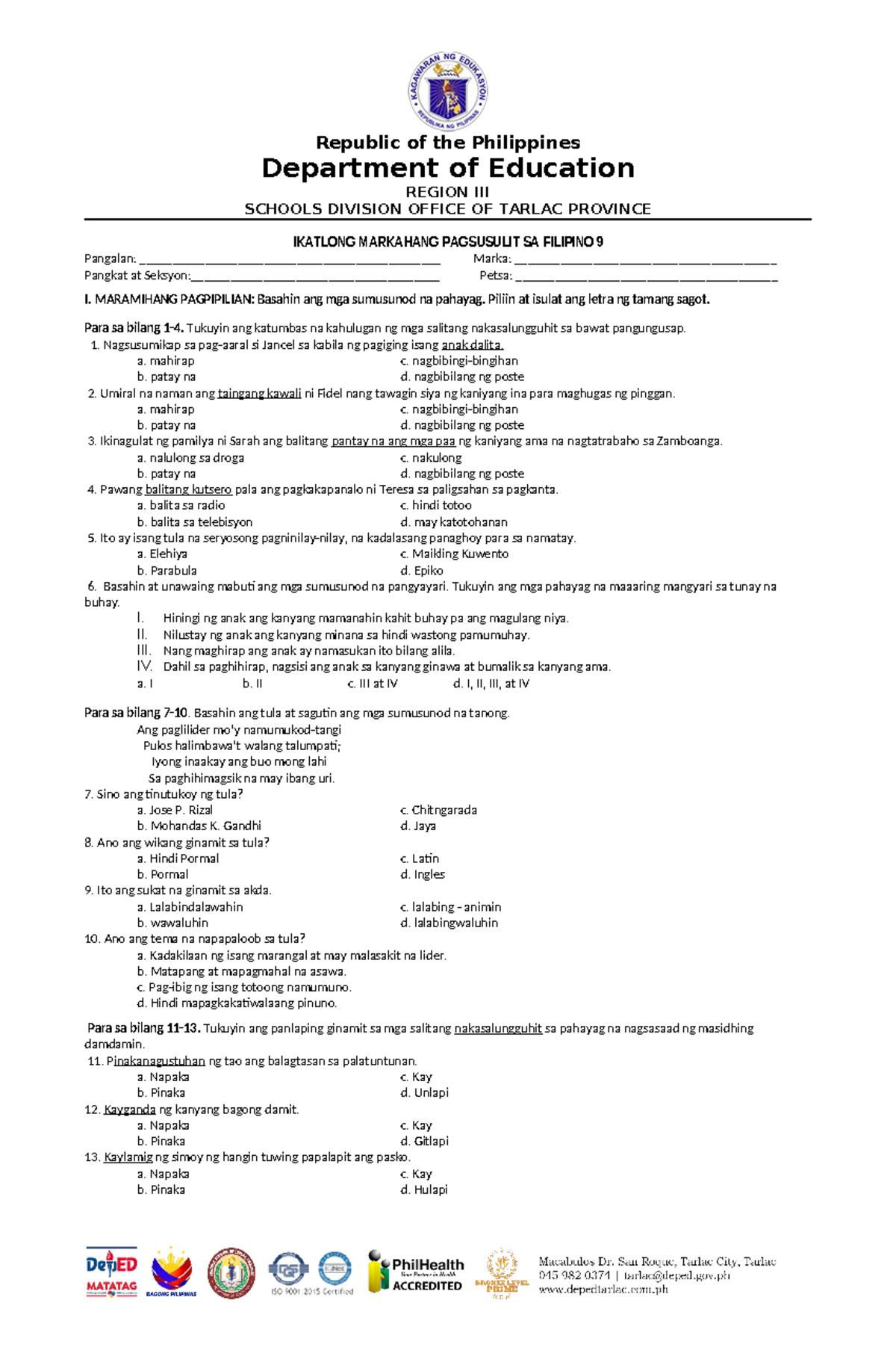 Filipino 9 Final 1 - exam - Department of Education REGION III SCHOOLS ...