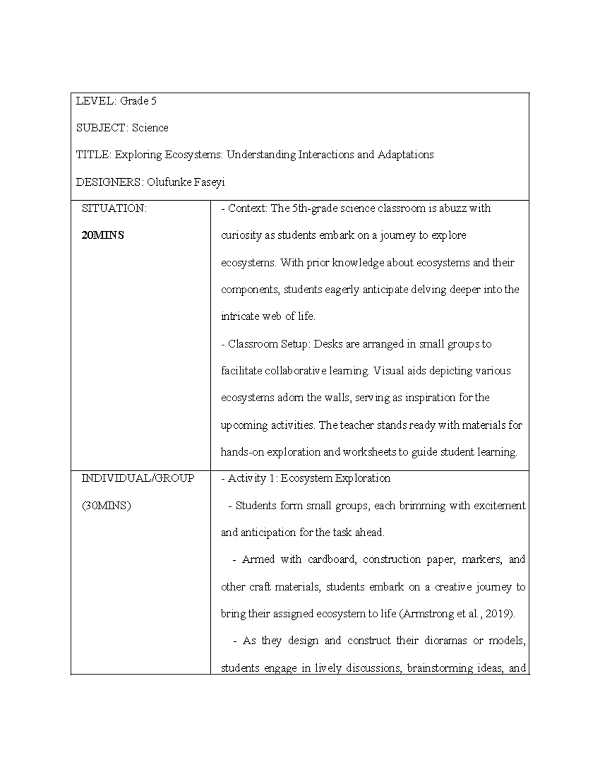 Exploring Ecosystems Lesson Plan - LEVEL: Grade 5 SUBJECT: Science ...