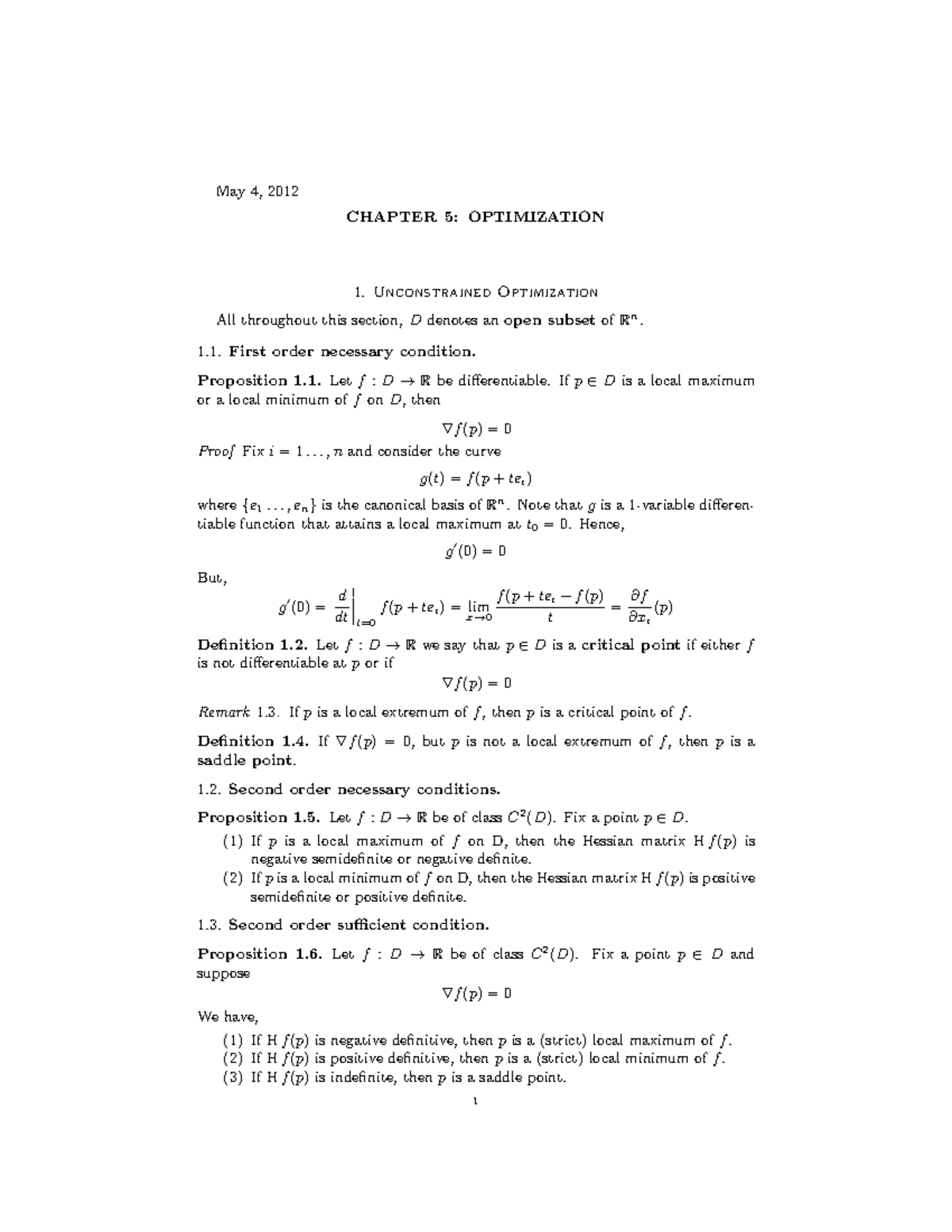 Optimization KKT - maths - May 4, 2012 CHAPTER 5: OPTIMIZATION Unconstrained Optimization All ...