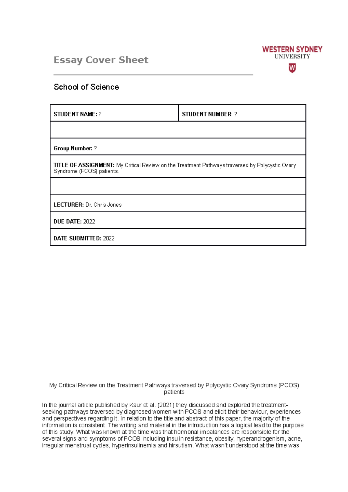 Critical Review - PCOS - Essay Cover Sheet School of Science STUDENT ...