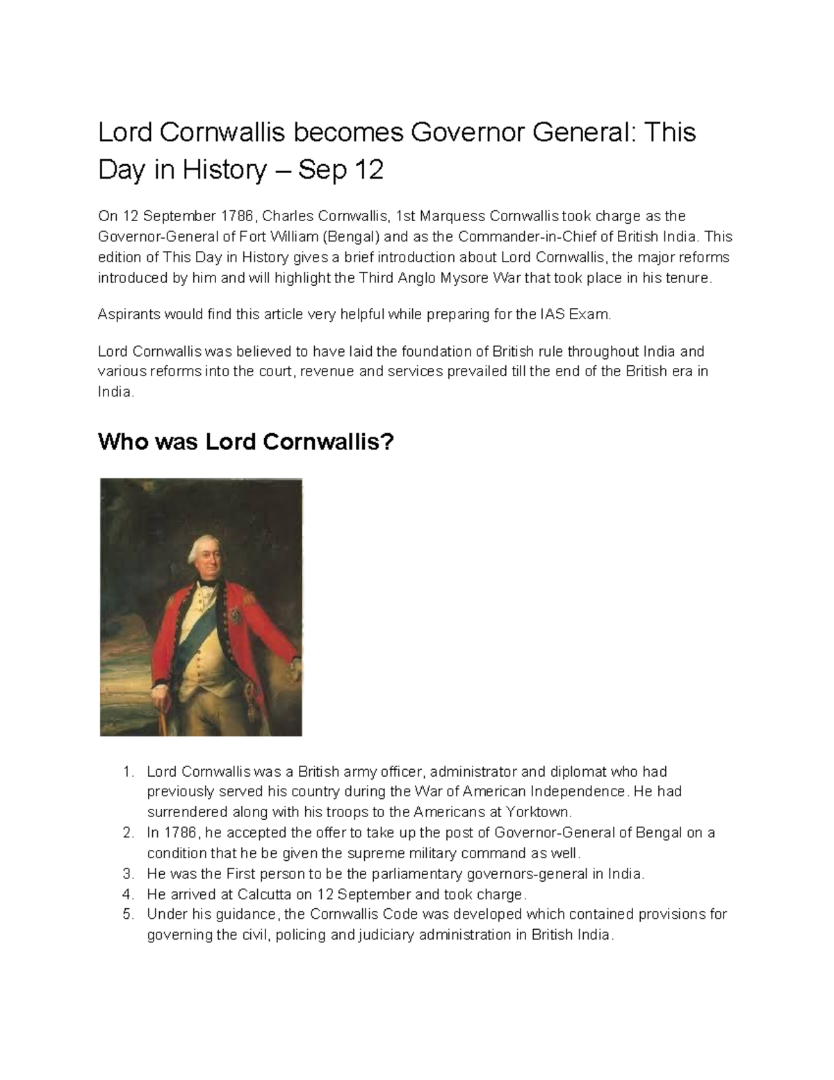 Lord-Cornwallis-becomes-Governor-General -This-Day-in-History-–-Sep-12 ...