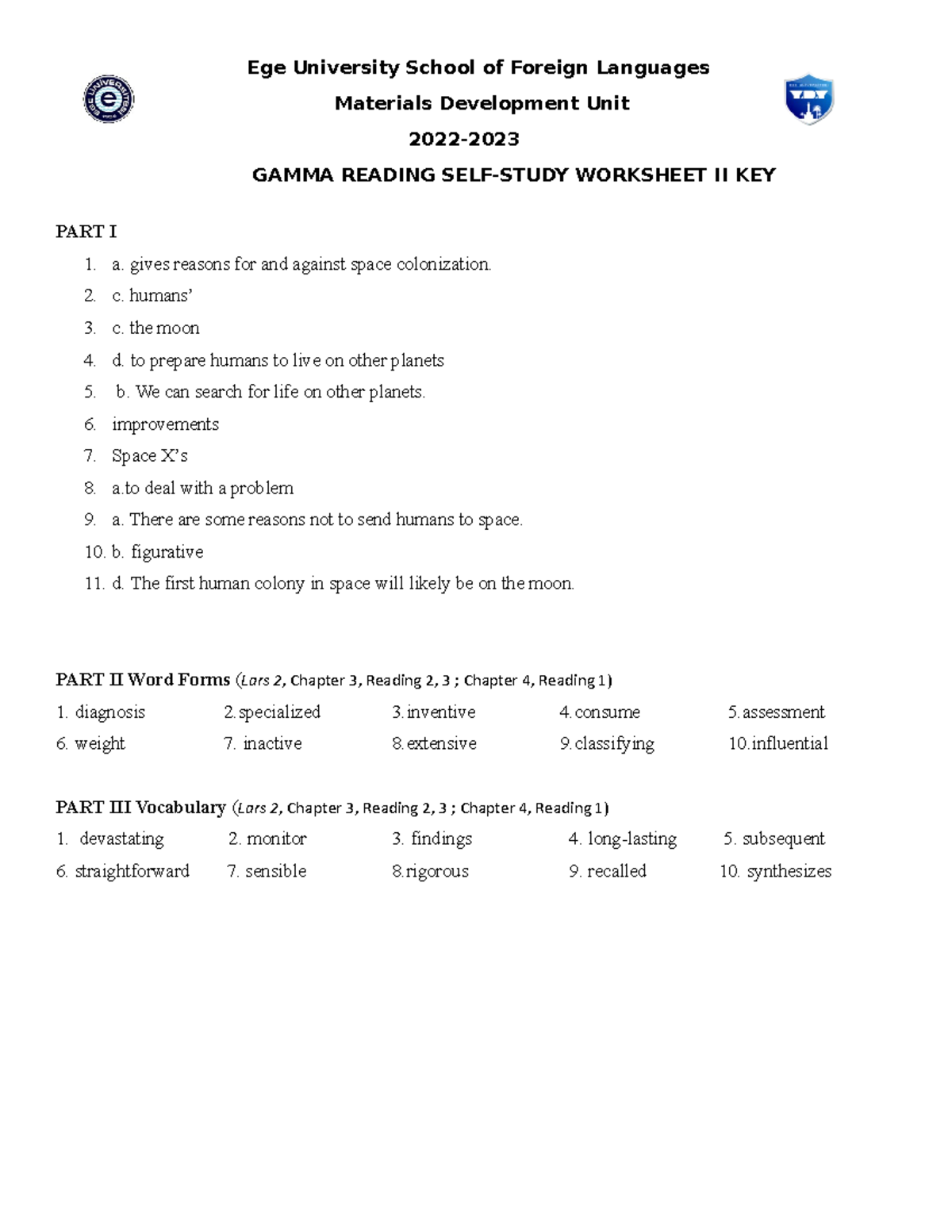 Gamma Reading Worksheet 2 KEY - Ege University School of Foreign ...