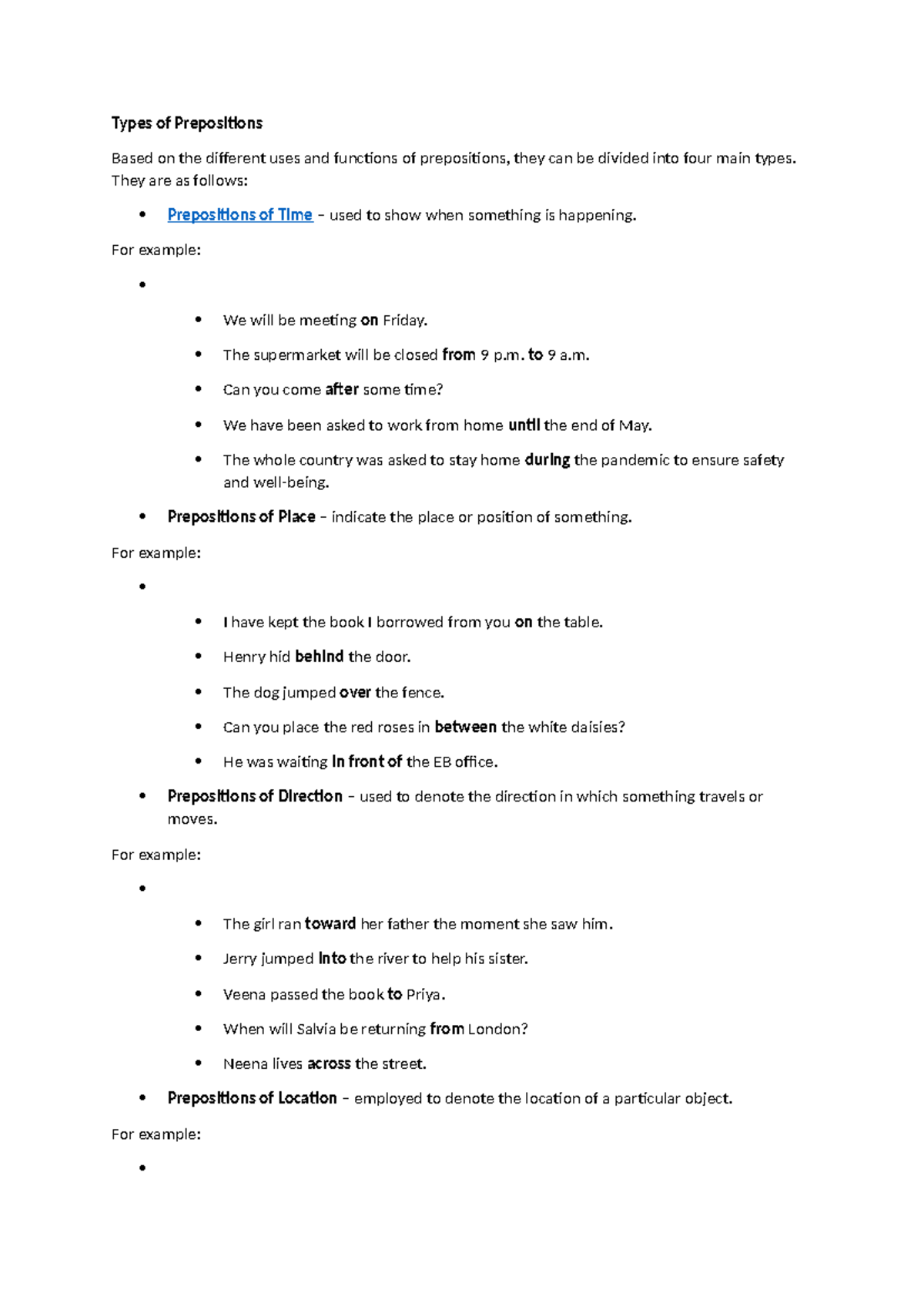 Preposition - All the notes in the document sheet - Types of ...