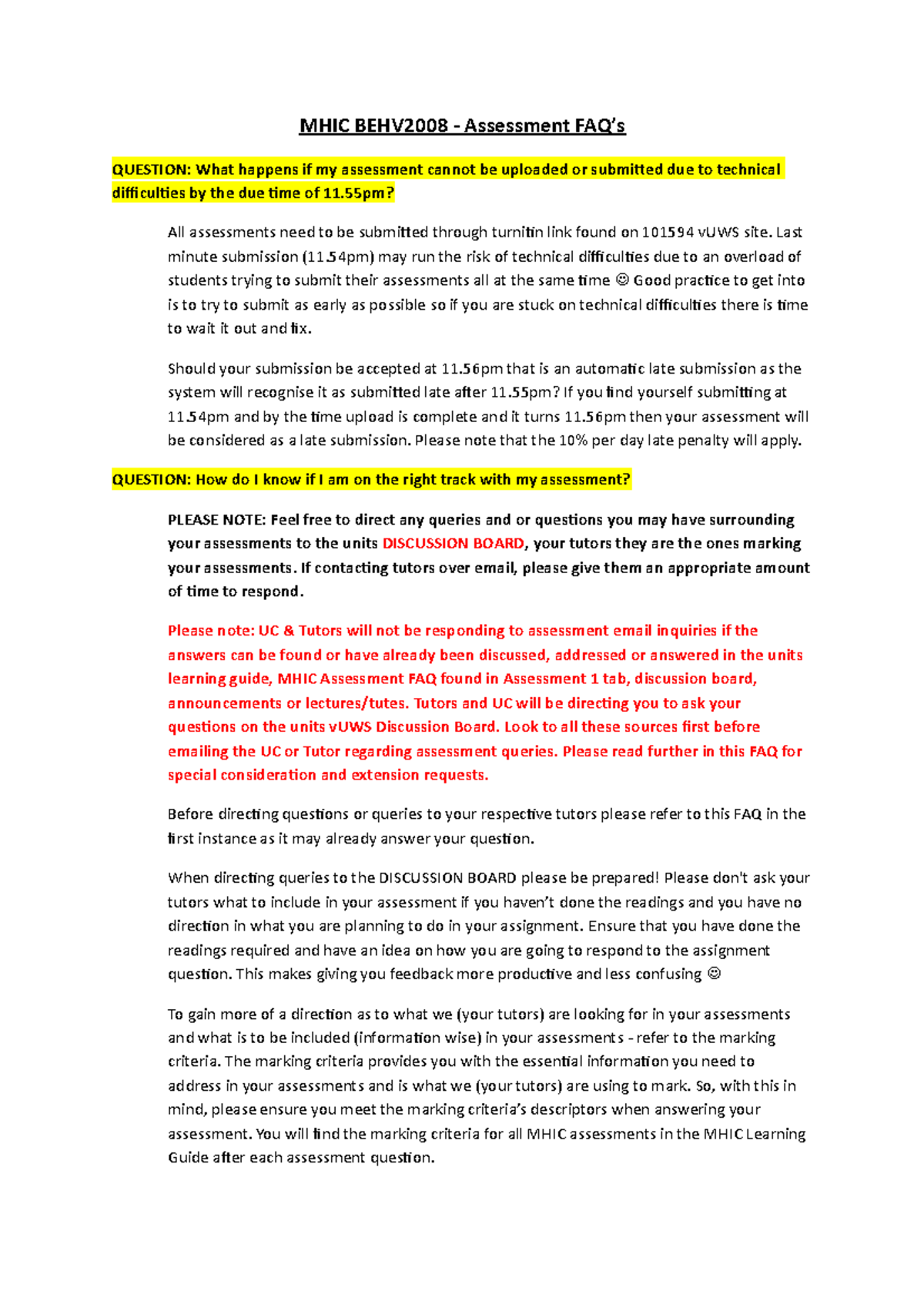 MHIC assessment FAQ(6) - MHIC BEHV2008 - Assessment FAQ’s QUESTION ...