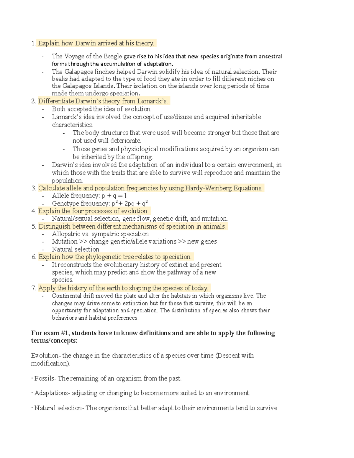 BIO1111 Midterm 1 Study Guide - Explain how Darwin arrived at his ...