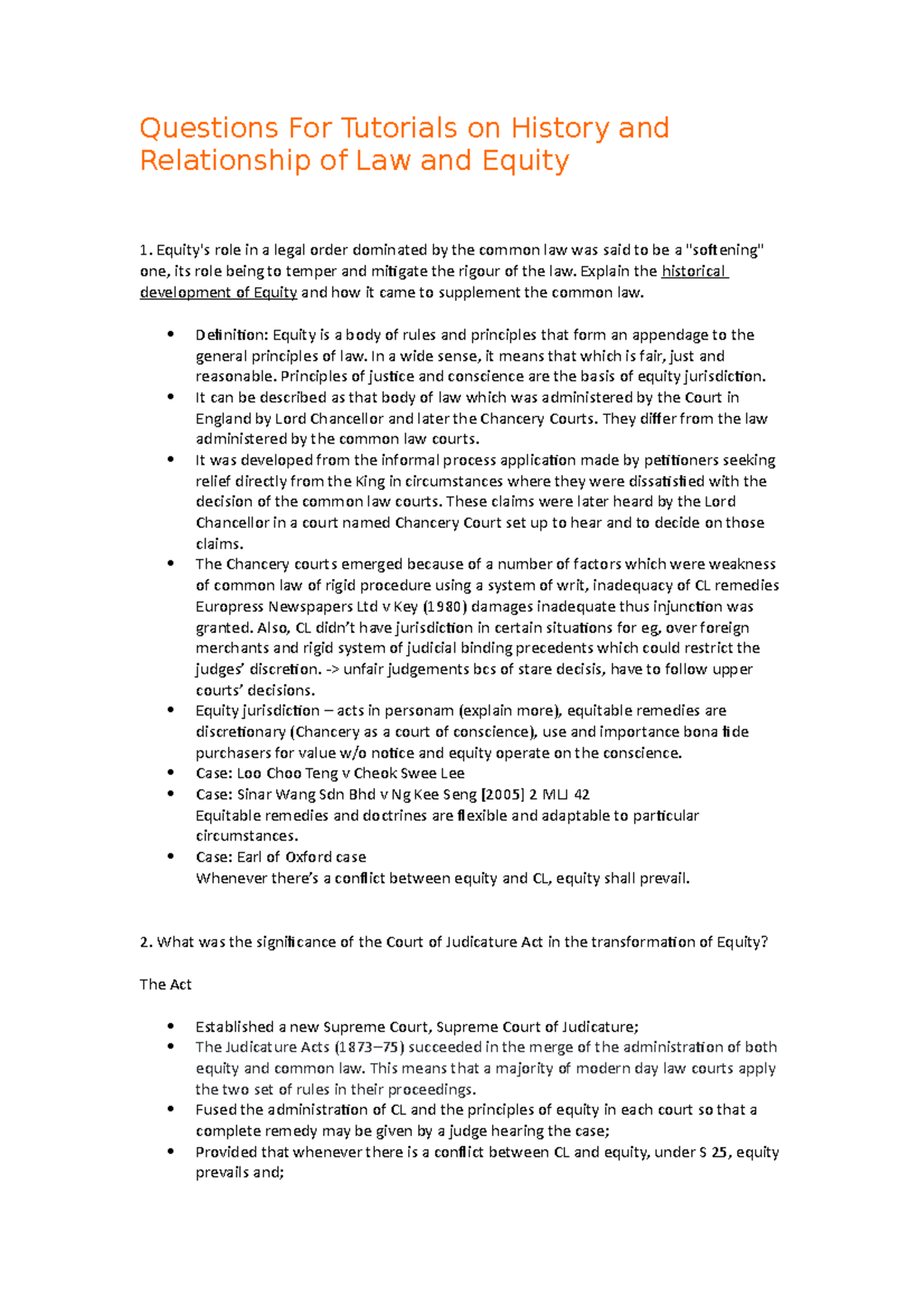 Questions For Tutorials on History and Relationship of Law and Equity - Questions For Tutorials ...
