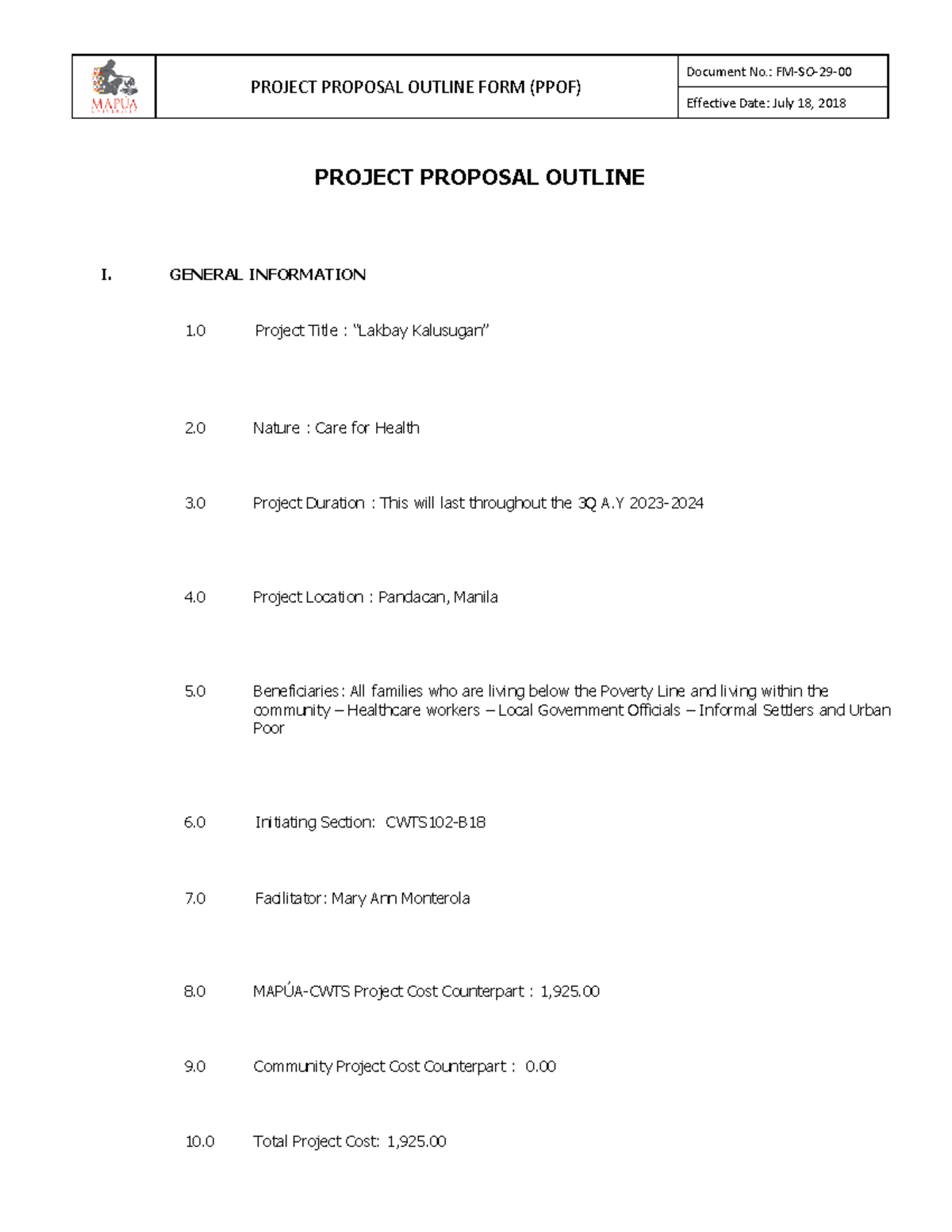 CWTS102-PP0-CWTS - PROJECT PROPOSAL OUTLINE FORM (PPOF) Effective Date ...
