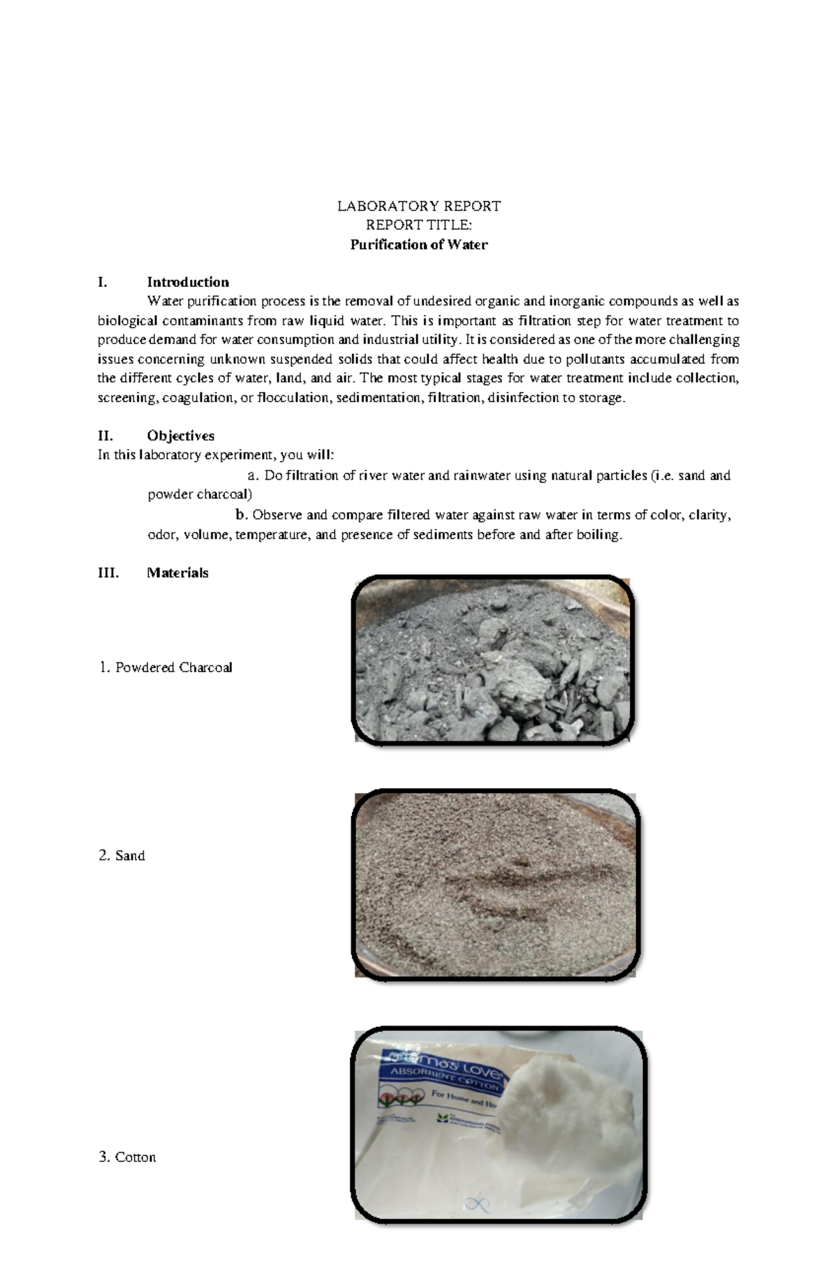 Laboratory Report - Purification of Water - LABORATORY REPORT REPORT ...