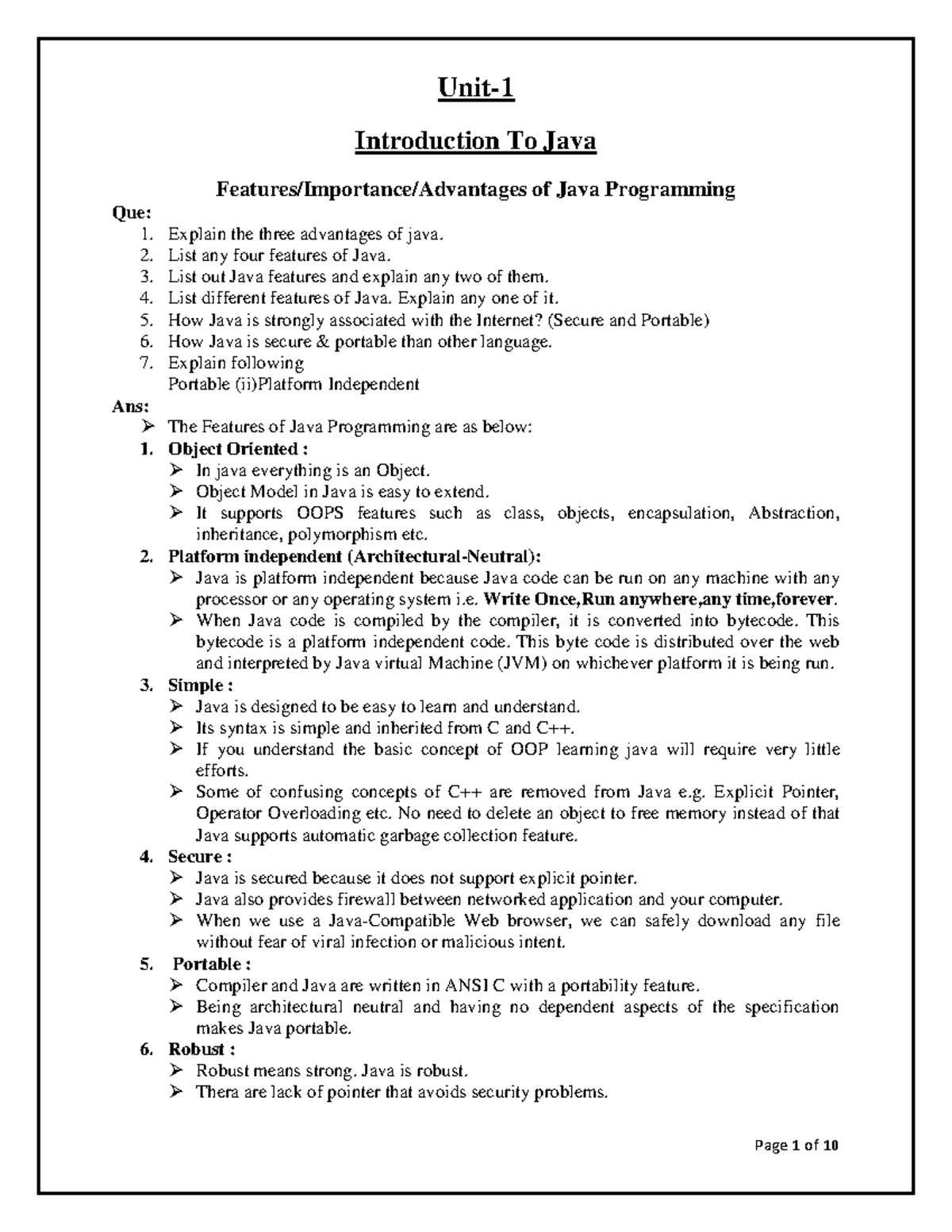 Java Unit I Java Introduction Unit Introduction To Java Features