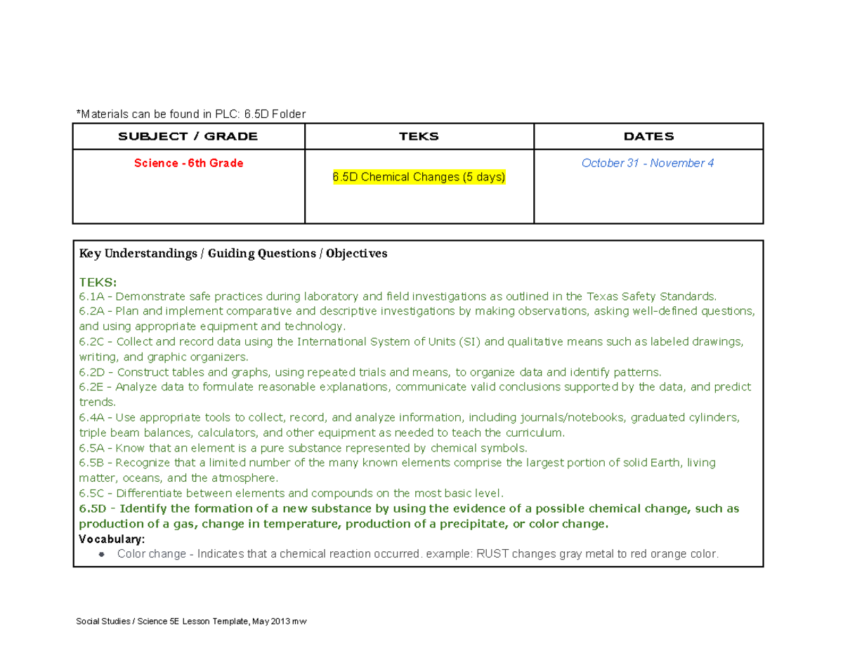 Coumounds (Chemical Changes) (3rd) - *Materials can be found in PLC: 6 ...
