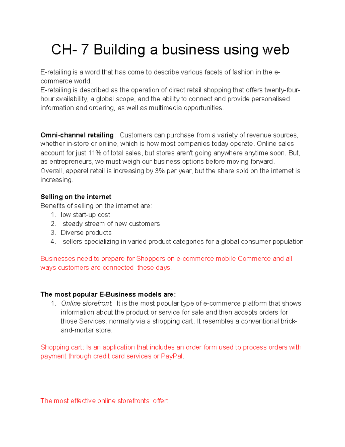 New Venture CH- 7 and ch 11 Notes - CH- 7 Building a business using web ...