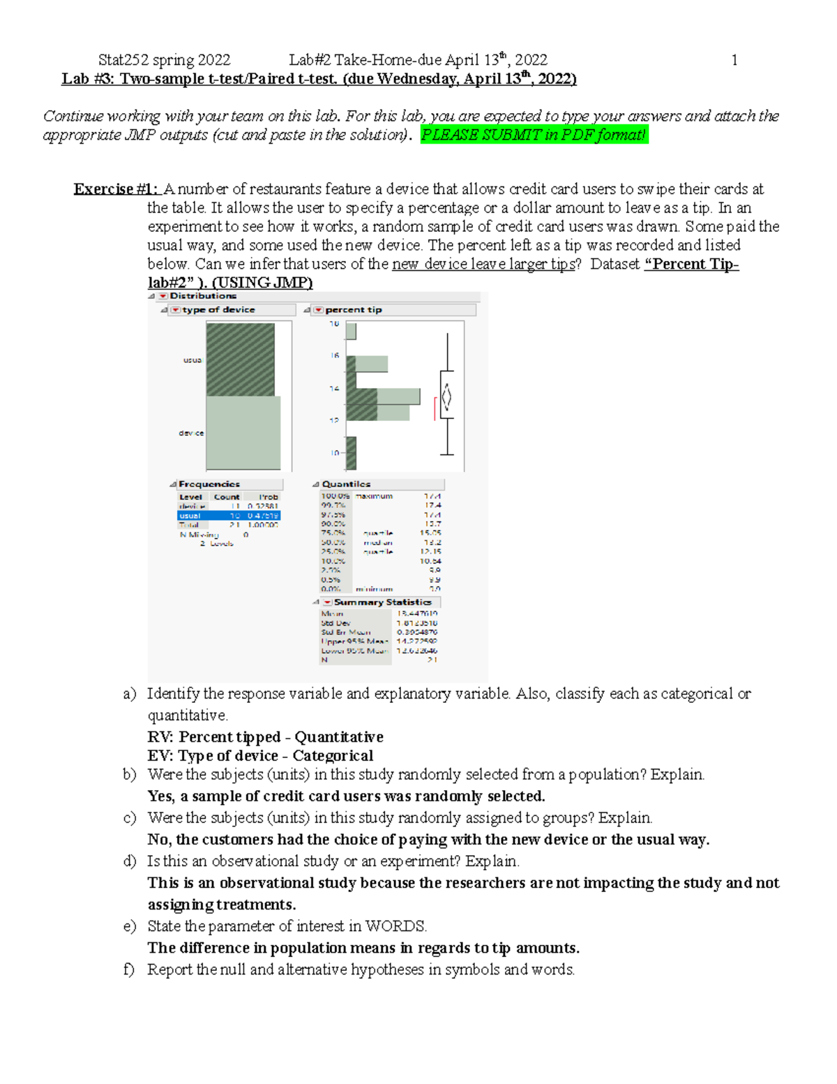 Stat252 Lab: Tips and Sleep Study - Studocu