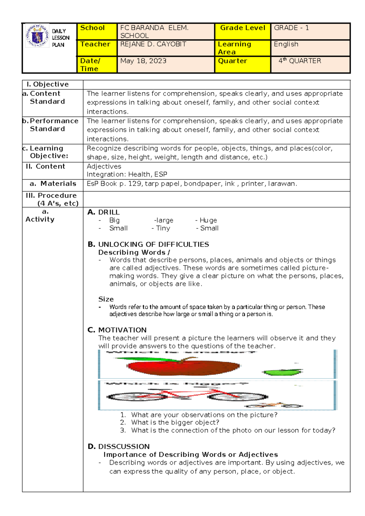 LP English- Grade 1- Week 1- May 18, 2023 - School FC BARANDA ELEM ...