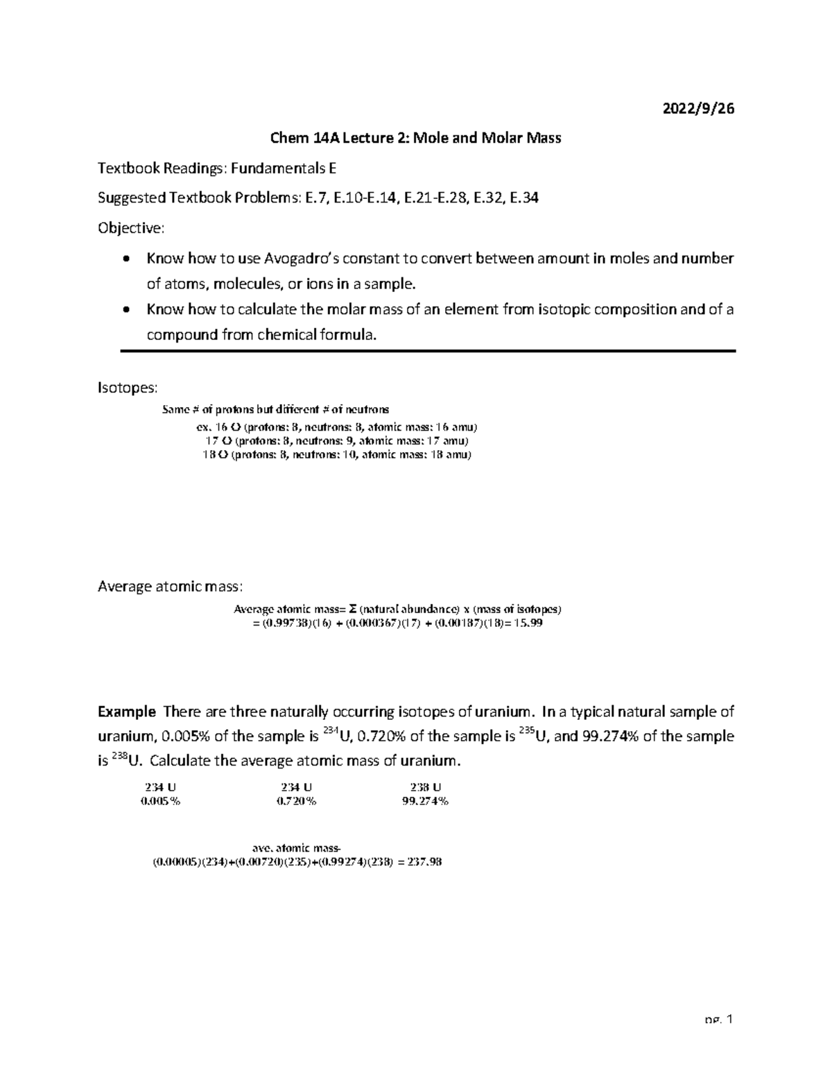 Chem Lec 2 9:26 - These are lecture notes. - 2022/9/26 **Chem 14A ...