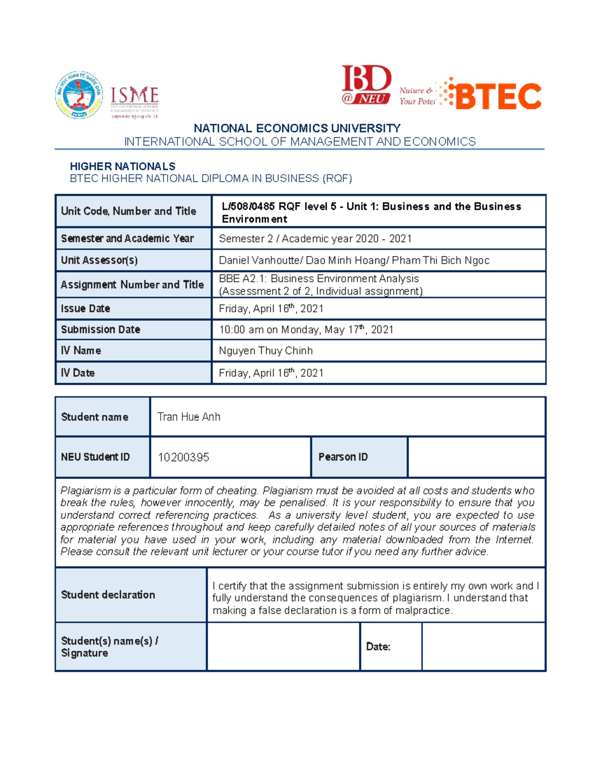 BBE A2 - BBE 2 assignment - NATIONAL ECONOMICS UNIVERSITY INTERNATIONAL ...