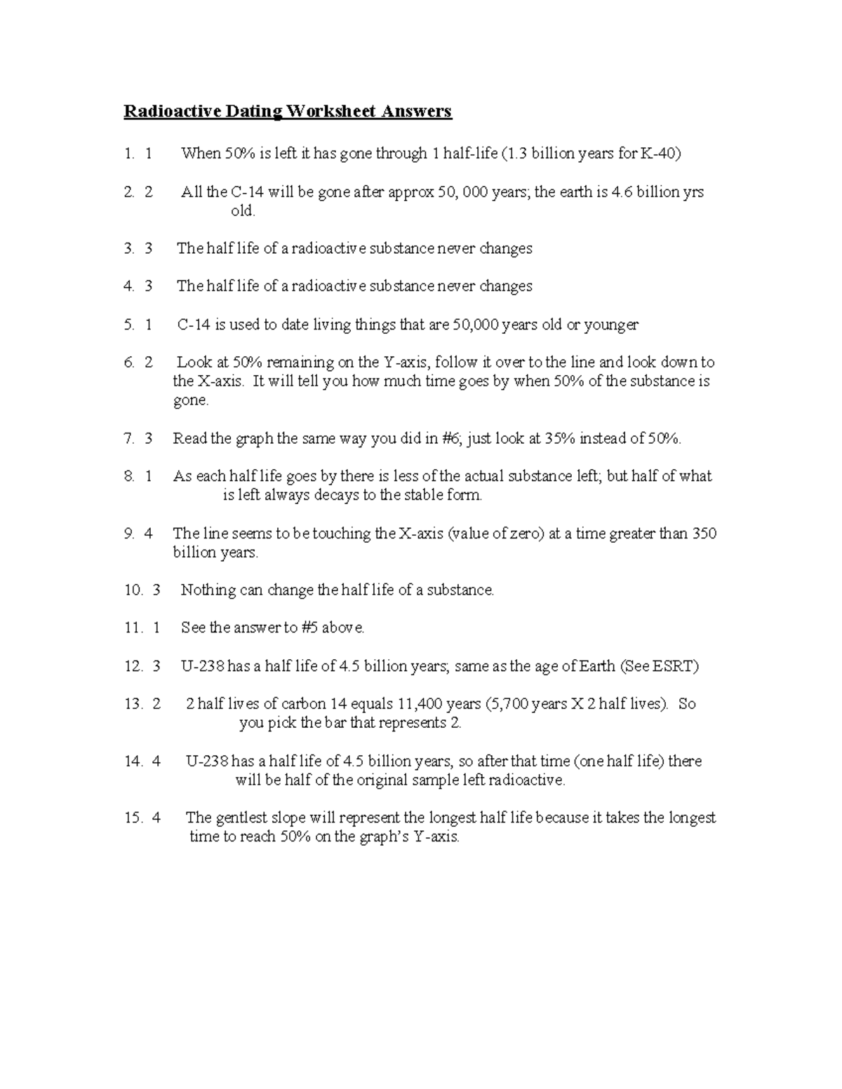 Radioactive Dating Worksheet Answers - 1 When 50% is left it has gone ...