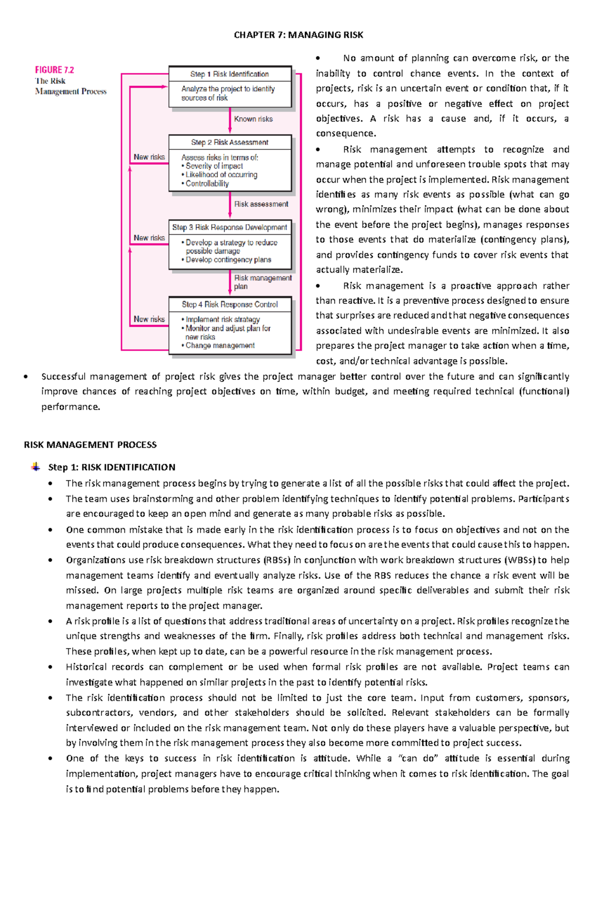Chapter 7 - Reviewer - Project Management - CHAPTER 7: MANAGING RISK No ...