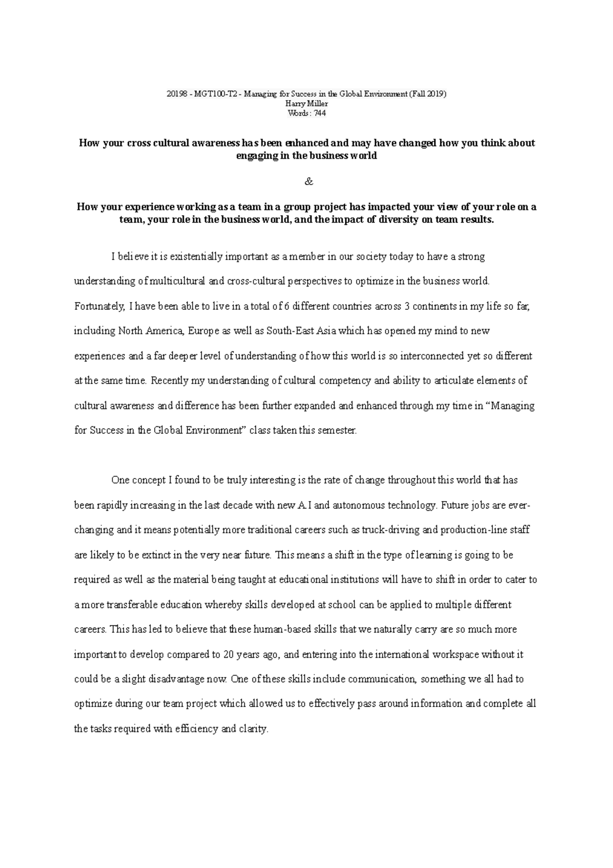 Management Reflection Paper - MGT 100 - 20198 - MGT100-T2 - Managing ...