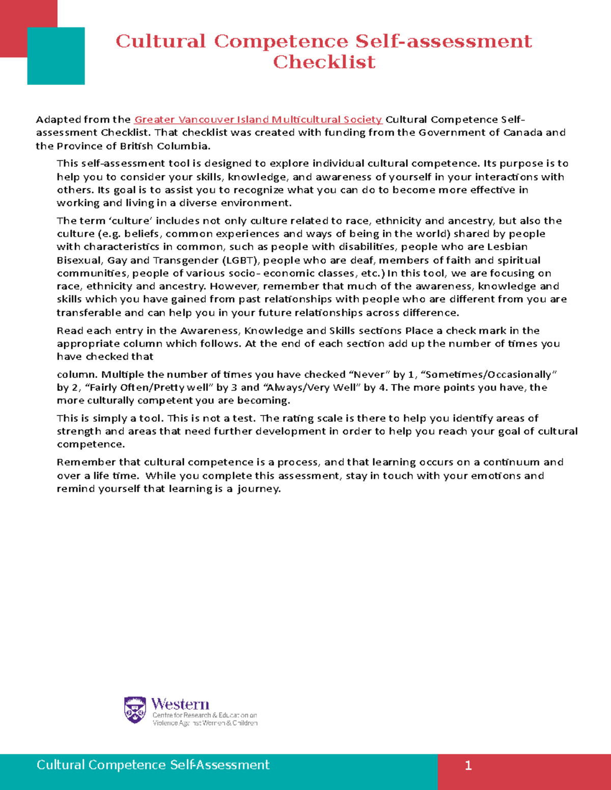 Cultural competence selfassessment checklist - That checklist was ...