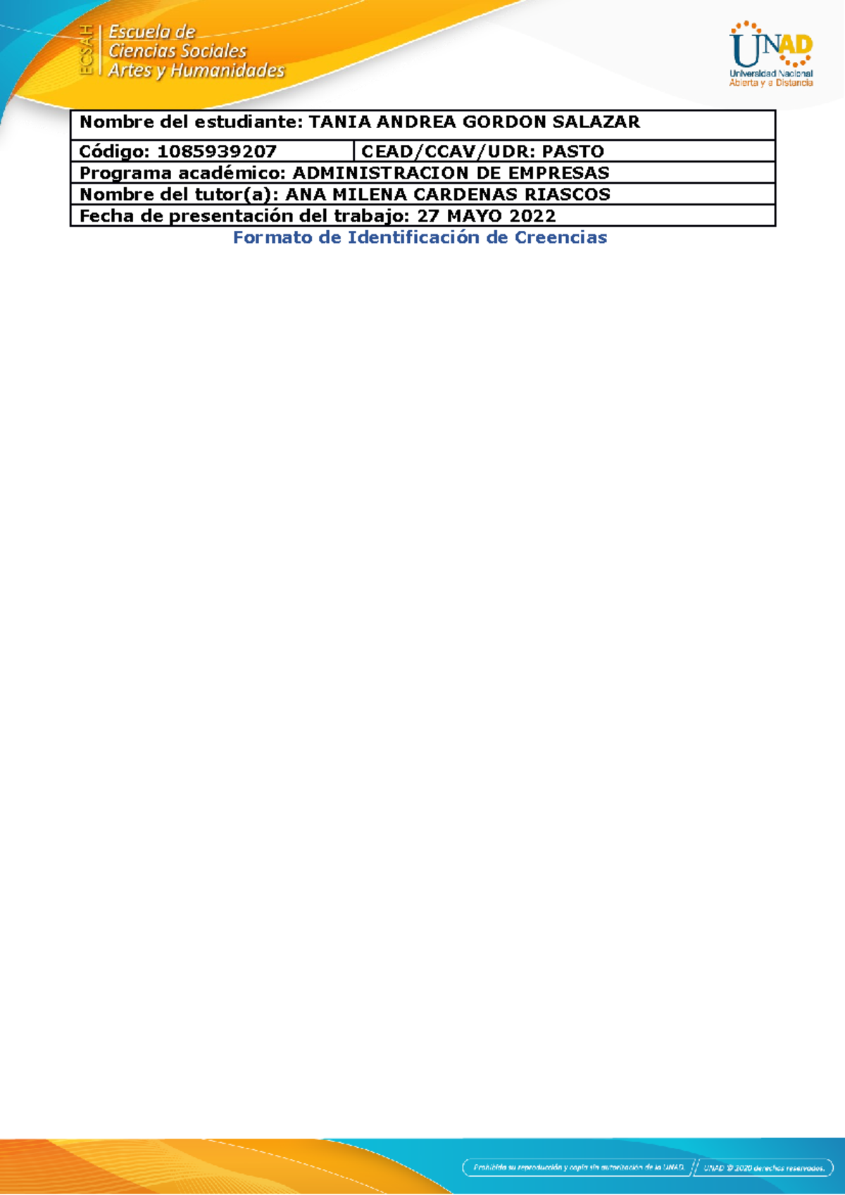Tania Gordon Fase dos Identificación de creencias - Nombre del ...