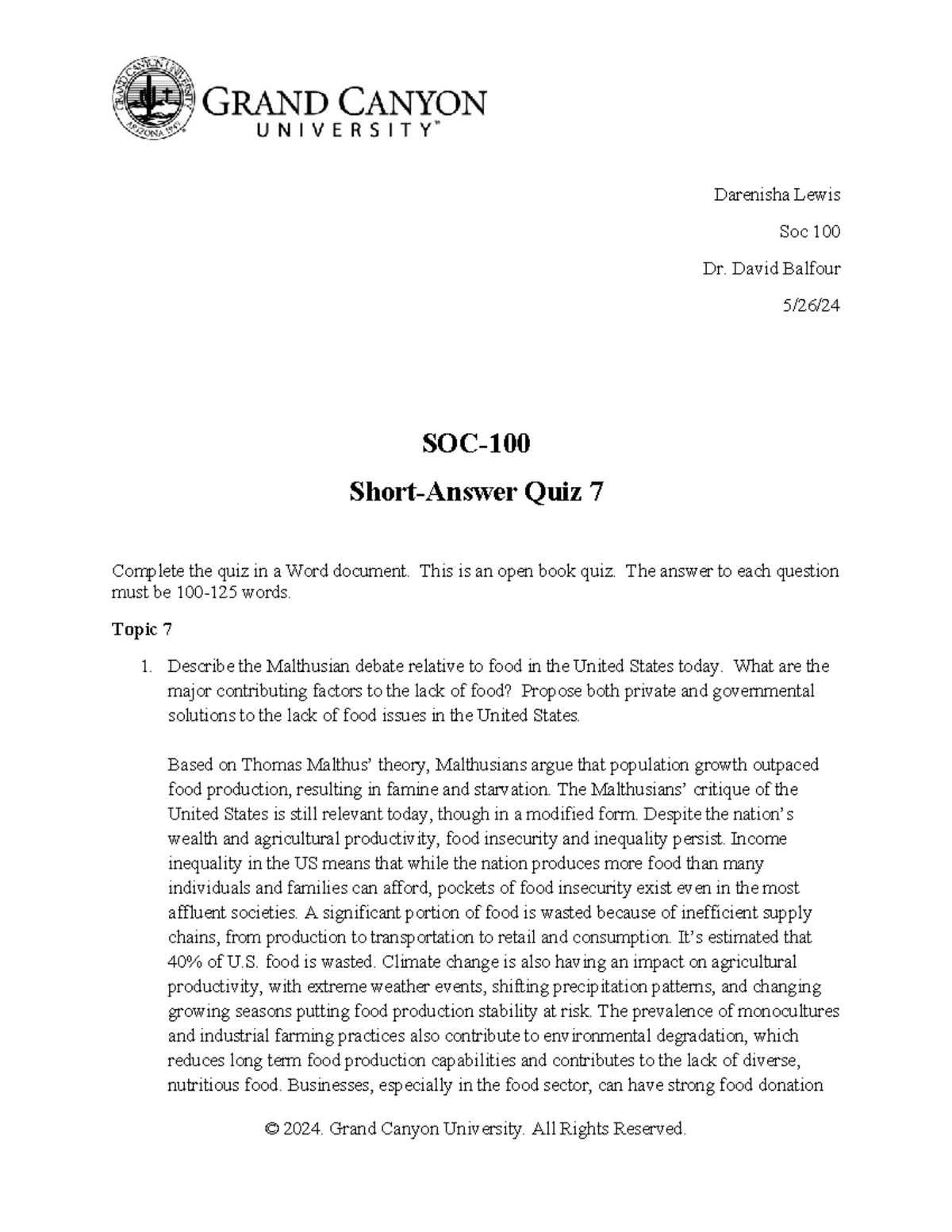 SOC-100.Short-Answer Quiz 7 1-8-18 - Darenisha Lewis Soc 100 Dr. David ...