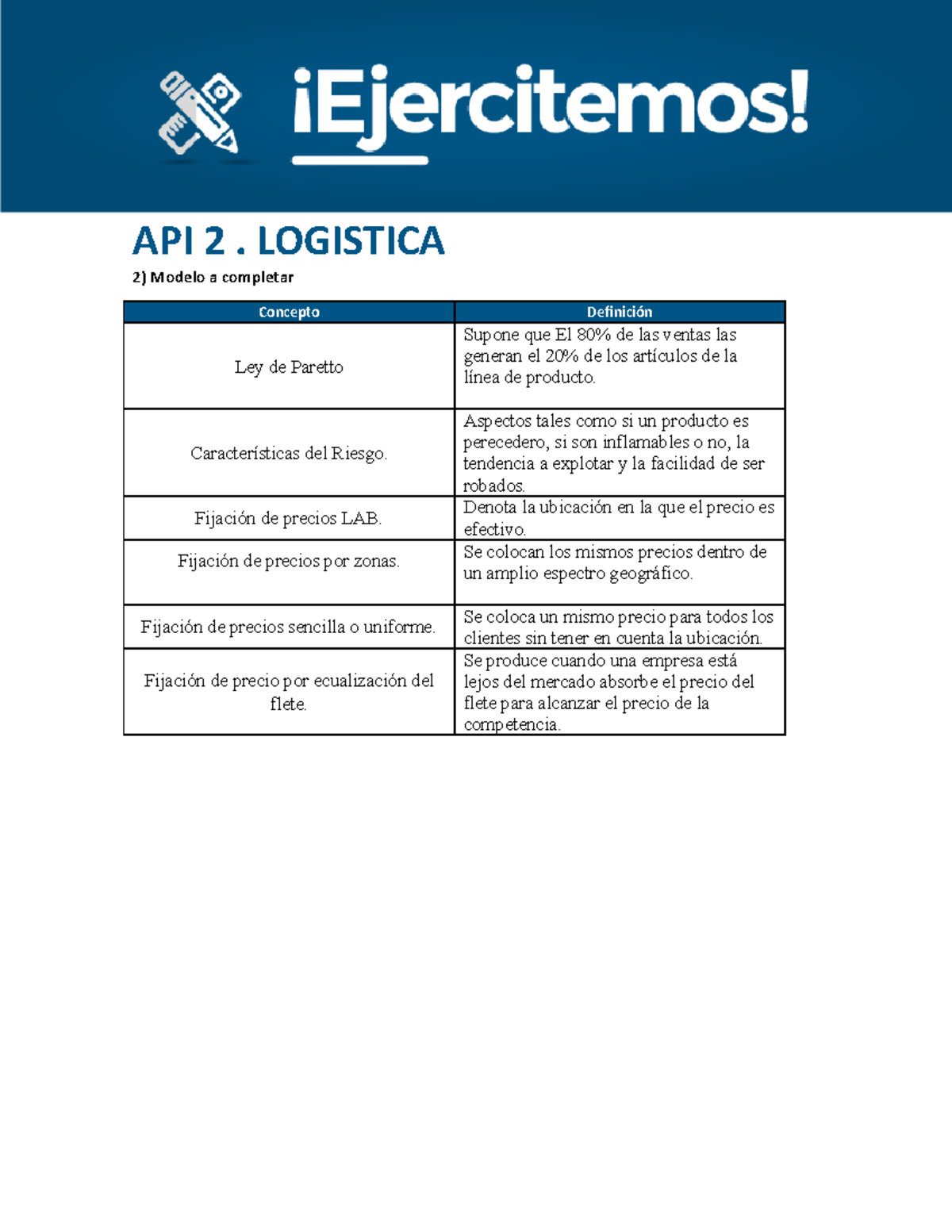 API2 - Modelo a completar - API 2. LOGISTICA Modelo a completar Concepto Definición Ley de ...
