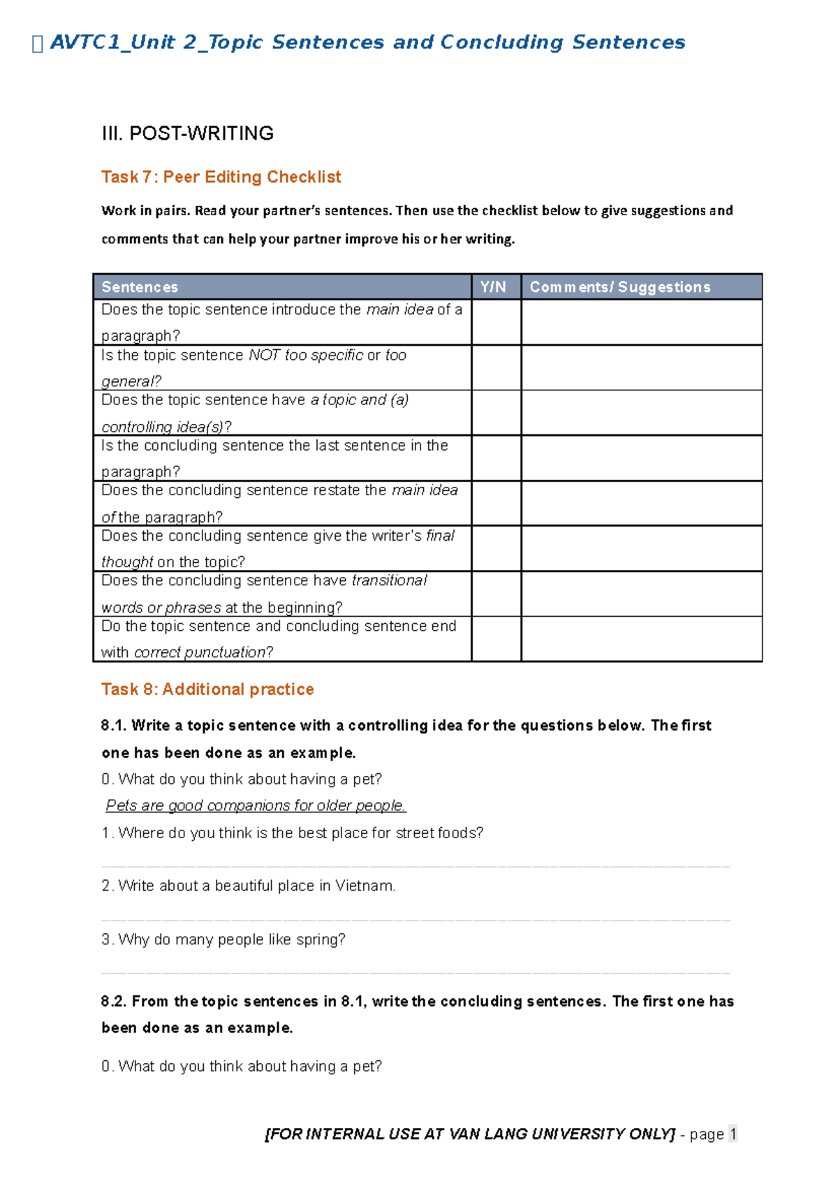 After class - AVTC1 - Unit 2 - Topic sentences and concluding sentences ...