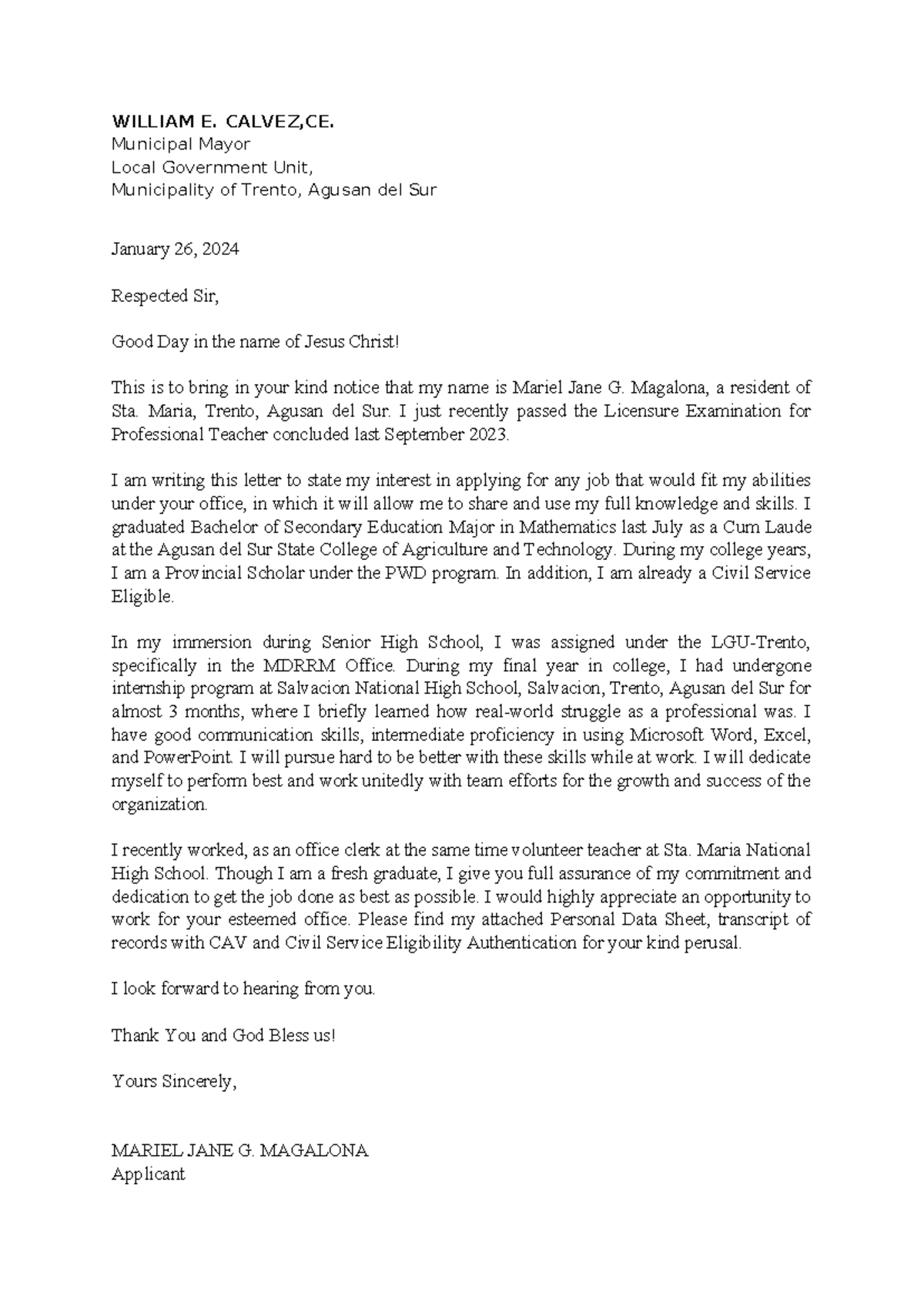 Intent for municipal - WILLIAM E. CALVEZ,CE. Municipal Mayor Local ...