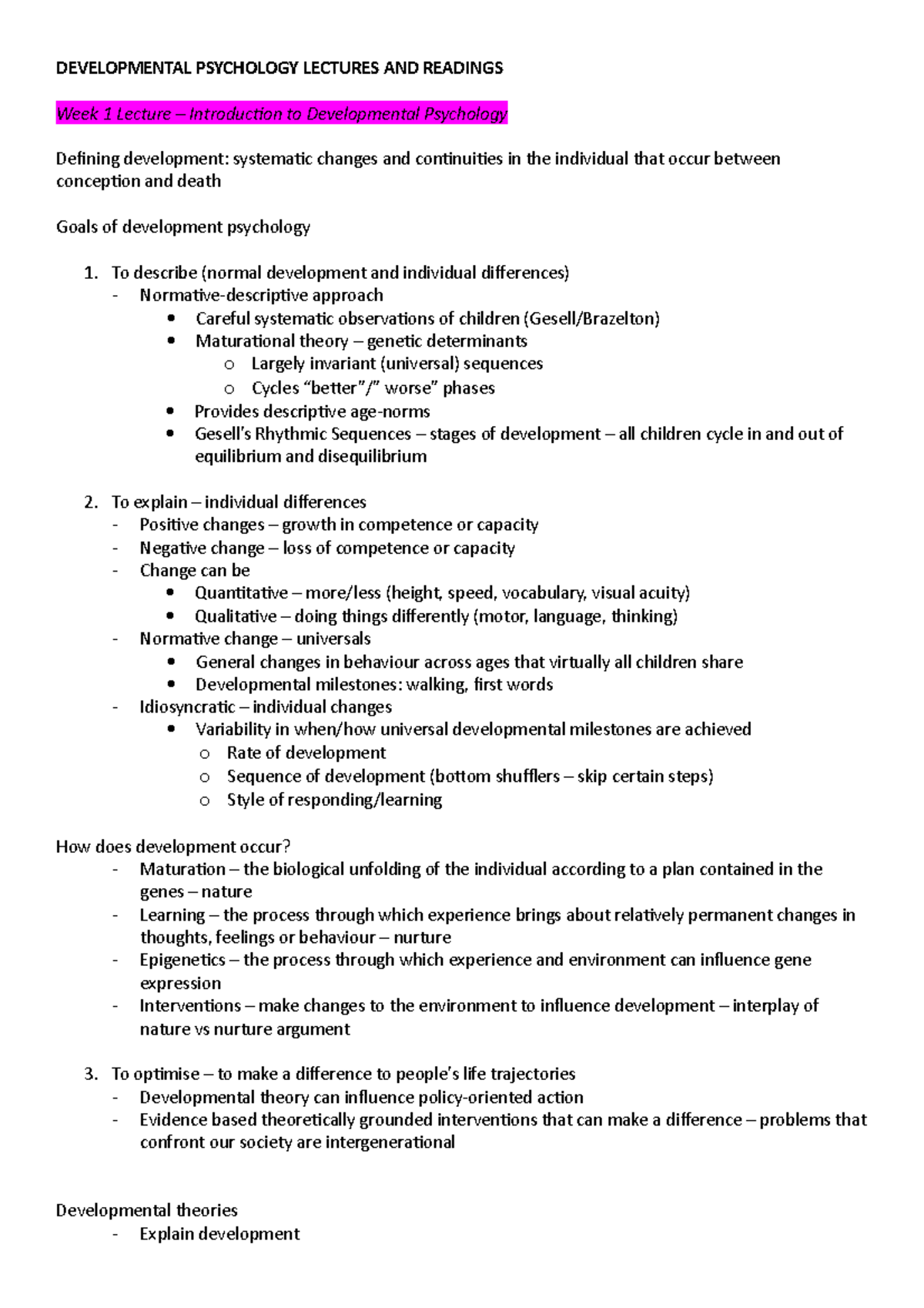 Developmental Psychology Lectures AND Readings - DEVELOPMENTAL ...