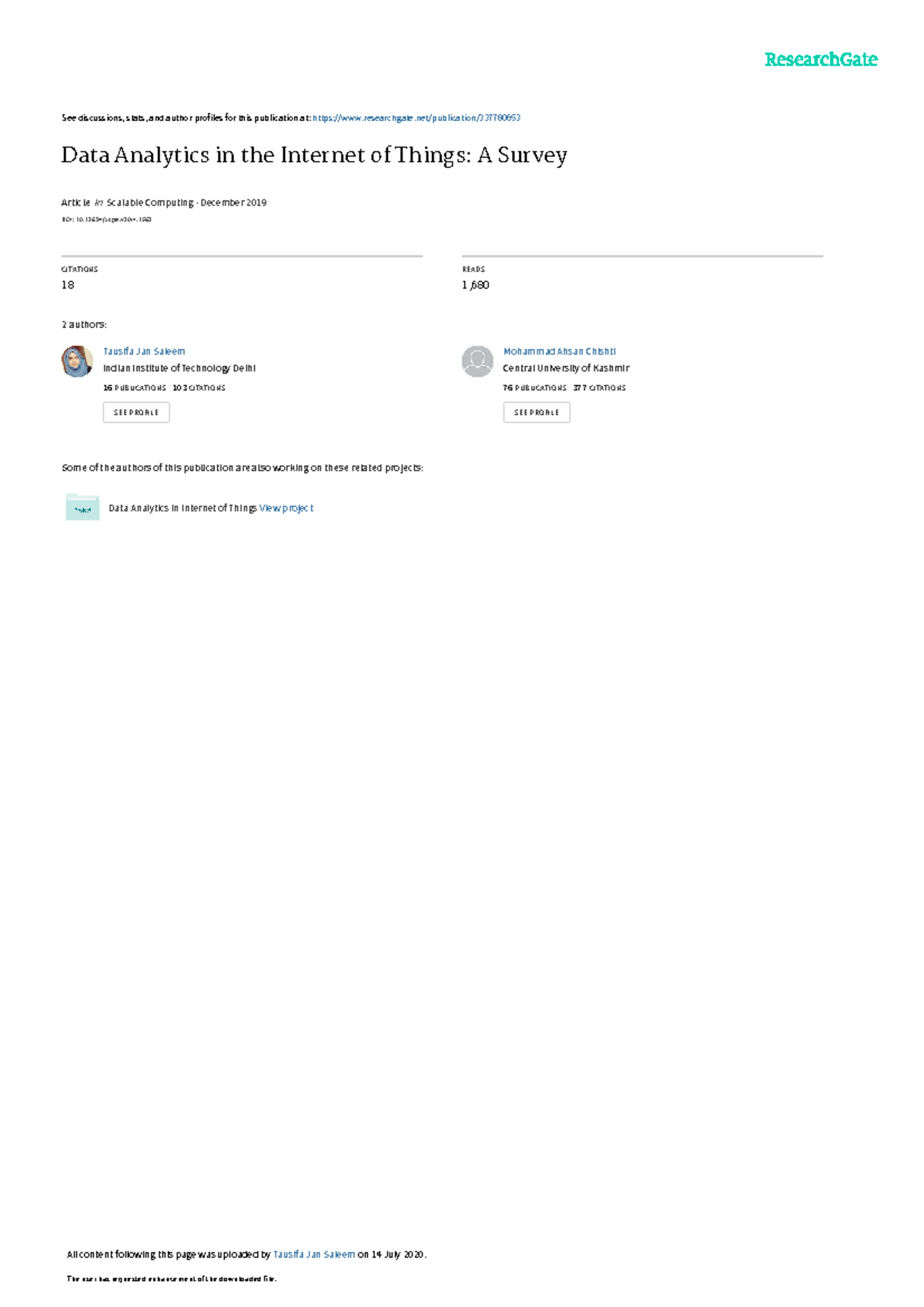 Data Analytics in the Internet of Things A Survey - See discussions ...