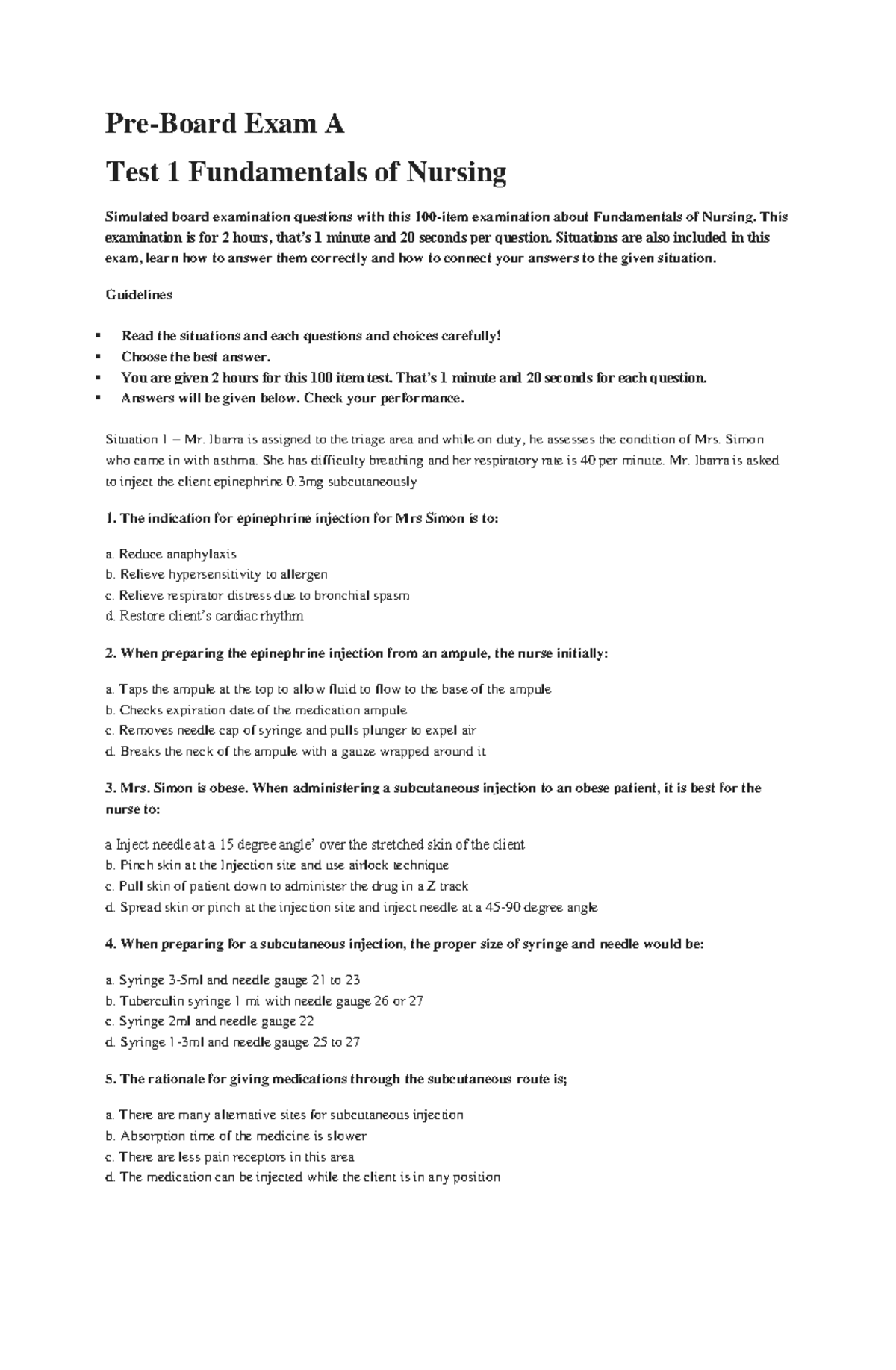 Nursing - jjrthrhrhrhrthrth - Pre-Board Exam A Test 1 Fundamentals of ...