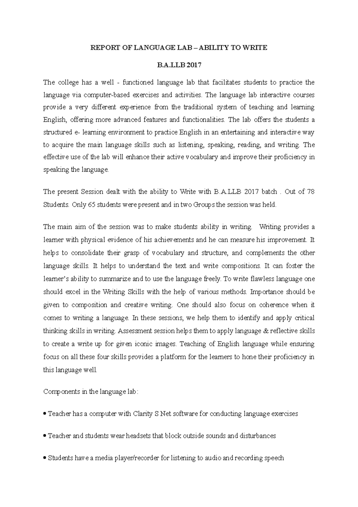 Report OF Language LAB Ballb 2017 - REPORT OF LANGUAGE LAB – ABILITY TO ...