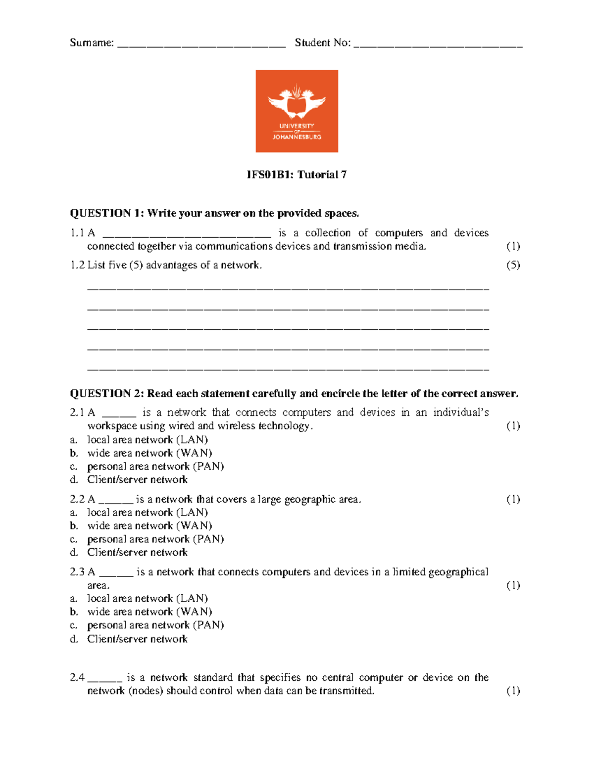 IFS01A1 Tutorial - Uj IFS 1A practice material - Surname: _____________________________ Student ...
