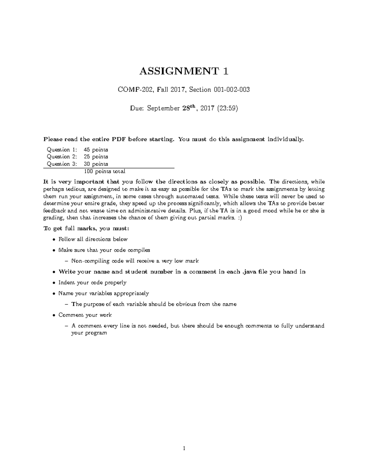 A1 - First assignment, fall 2017 - ASSIGNMENT 1 COMP-202, Fall 2017, Section 001-002- Due ...