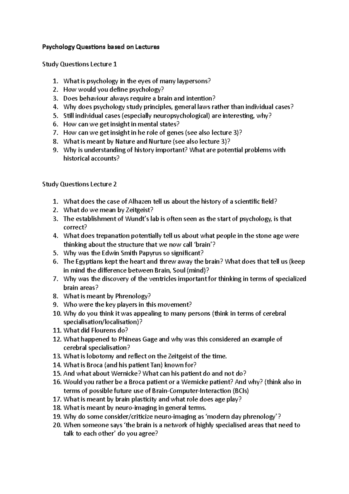Psychology Questions based on Lectures - 2. 3. 4. 5. 6. 7. 8. 9. What ...