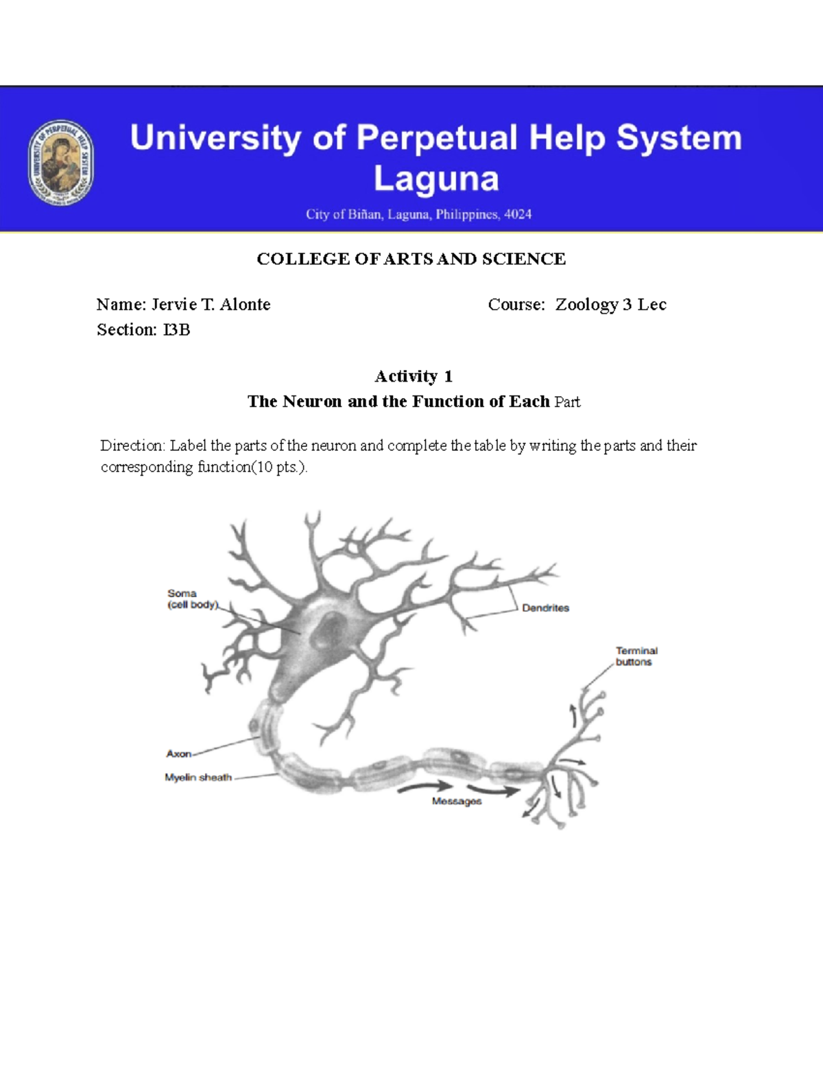 Zoology 3 Lecture Seatwork 1 - COLLEGE OF ARTS AND SCIENCE Name: Jervie ...