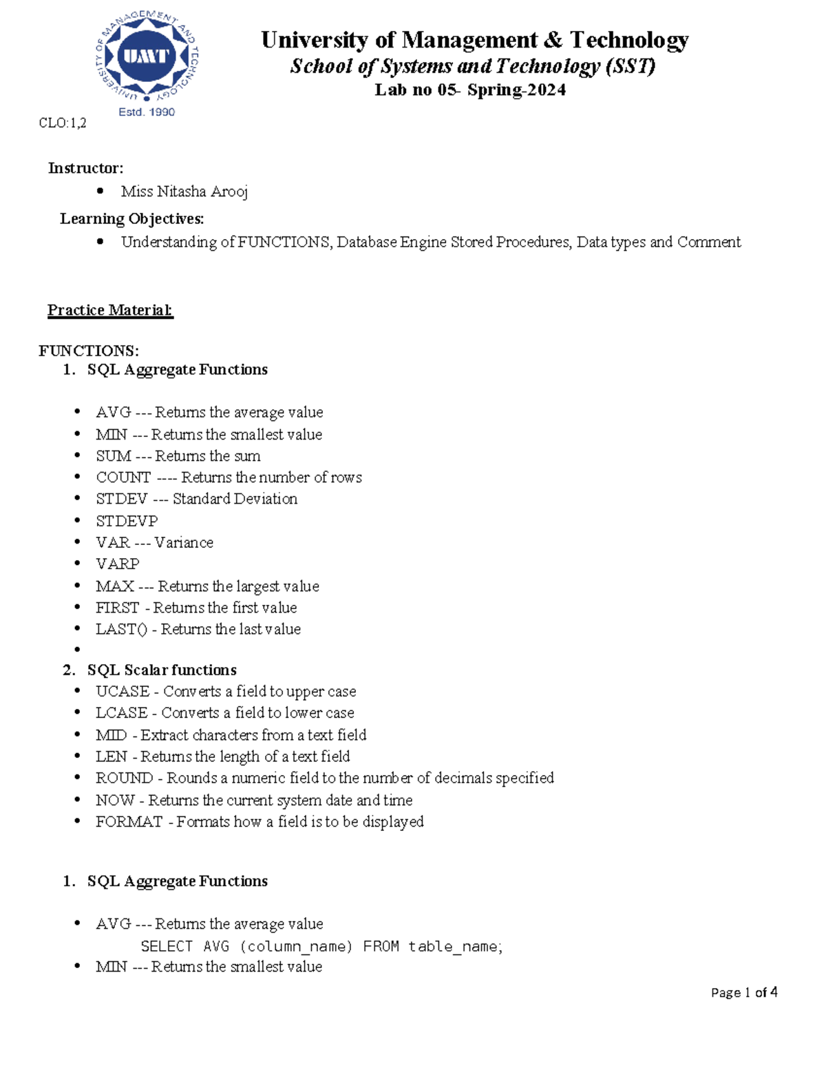 Database systems Lab Manual Week 05 - Practice material of queries - University of Management ...