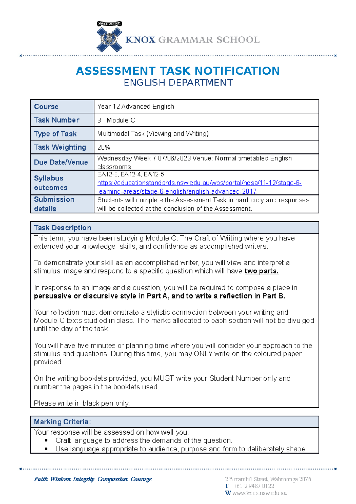 2023Module CAdvanced Notification 1 - ASSESSMENT TASK NOTIFICATION ...