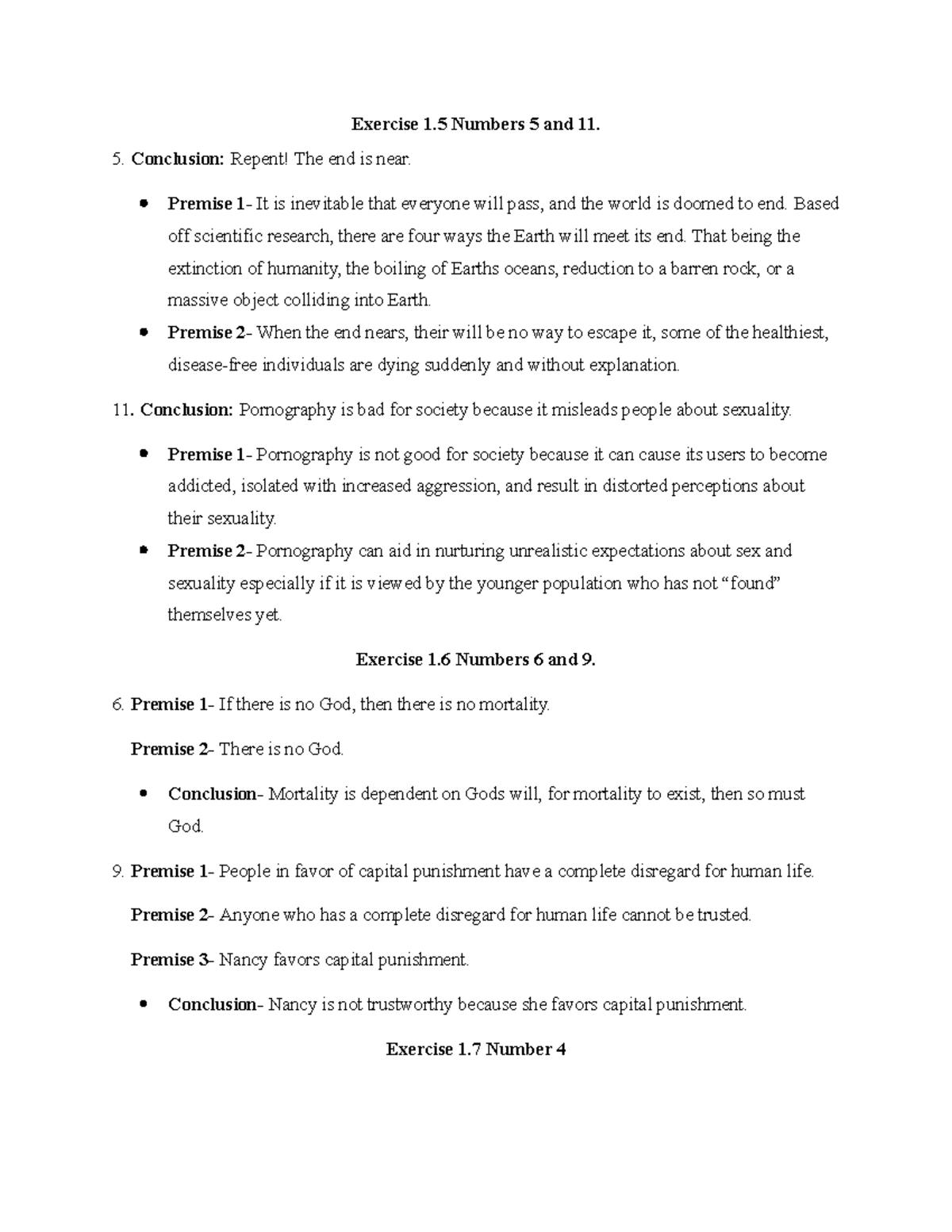 Philosophy Assignment 1 - Exercise 1 Numbers 5 and 11. Conclusion ...