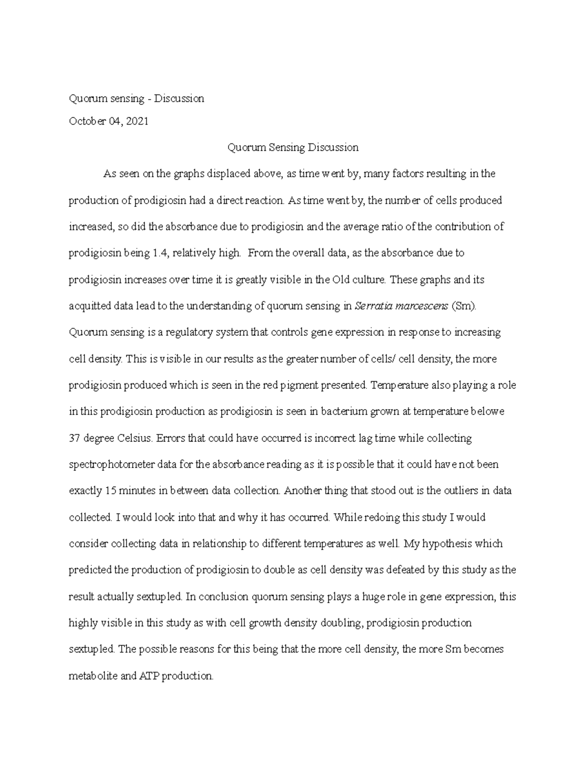 Quorum sensing lab discussion - Quorum sensing - Discussion October 04 ...